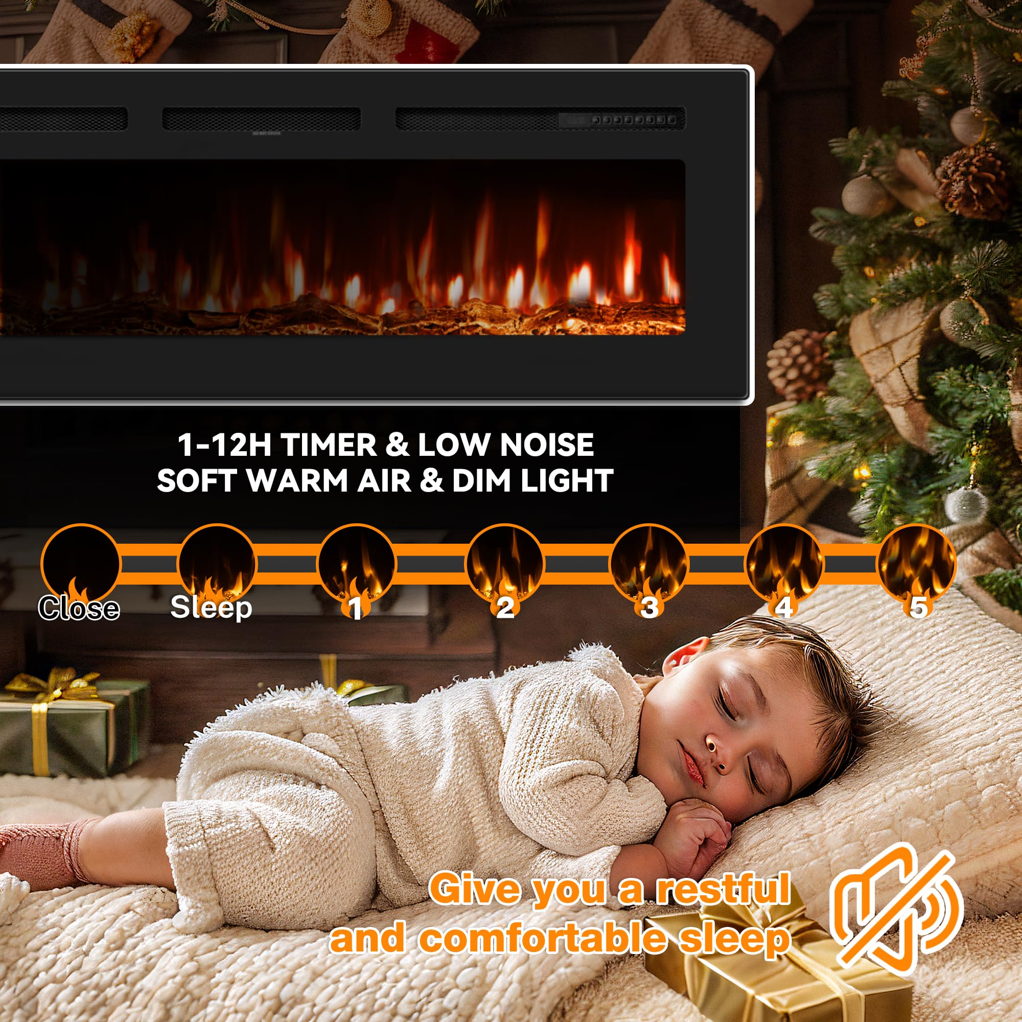 Manastin 60 inch Electric Fireplace in-Wall Recessed and Wall Mounted with Remote Control, 1500/750W Fireplace Heater (60-99ยฐF Thermostat) with 12 Adjustable Color, Timer, Log and Crystal