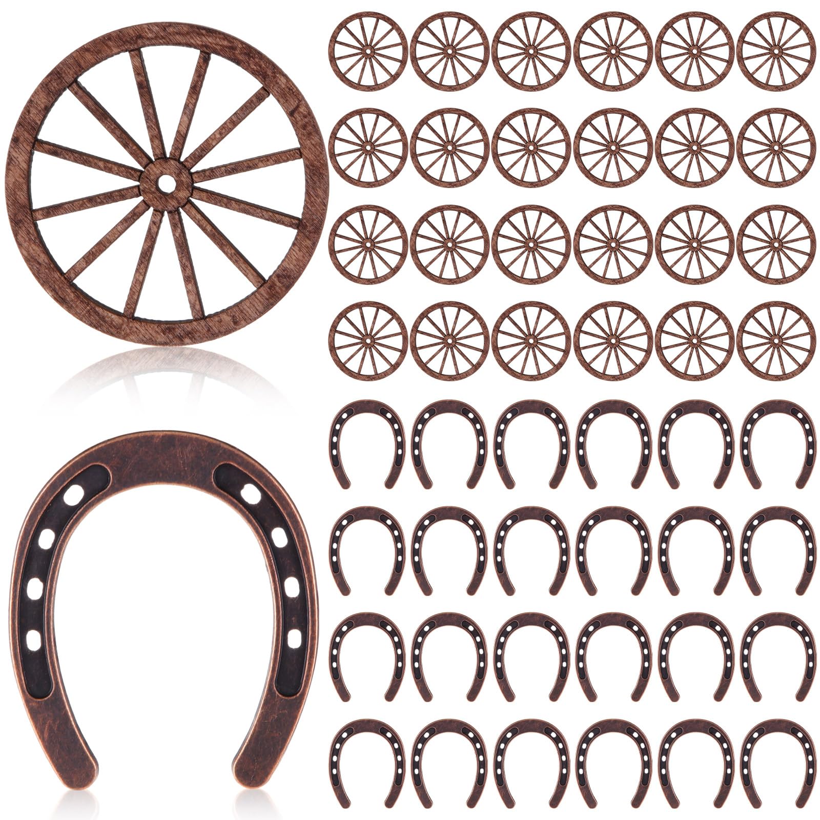 Junkin 24 Pcs Western Themed Party Decorations Mini Horseshoes Cowboy Hats Wagon Wheel Decor for Crafts Party Favor Horse Rodeo Decorations for Birthday Table Centerpieces (Horseshoes and Wagon Wheel)