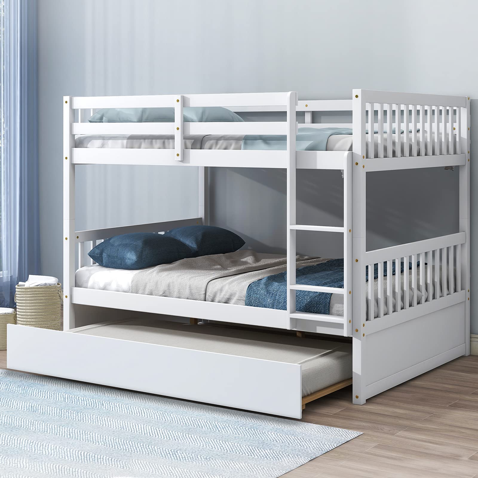 Tatub Full Over Full Bunk Bed with Trundle, Pine Wood Frame, Ladder and Guard Rails, Solid Bunk Bed with Trundle for Kids, Teens, Adults, No Box Spring Needed, Grey