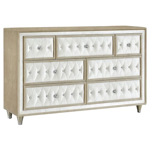 Coaster Home Furnishings Antonella Modern Classic 5-Piece Bedroom Set Velvet Upholstered Eastern King Size Panel Bed Frame 79-inch Headboard Ivory and Camel 223521KE-S5