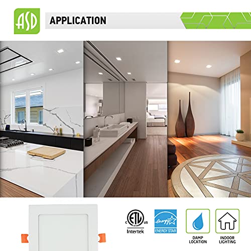 ASD Ultra Thin Square LED Recessed Lighting 6 Inch, 3000K-4000K-5000K Color Temperature Options, 12W 840Lm Dimmable LED Downlight, Canless LED Recessed Light, IC & Damp Rated,ETL,Energy Star (6-Pack)