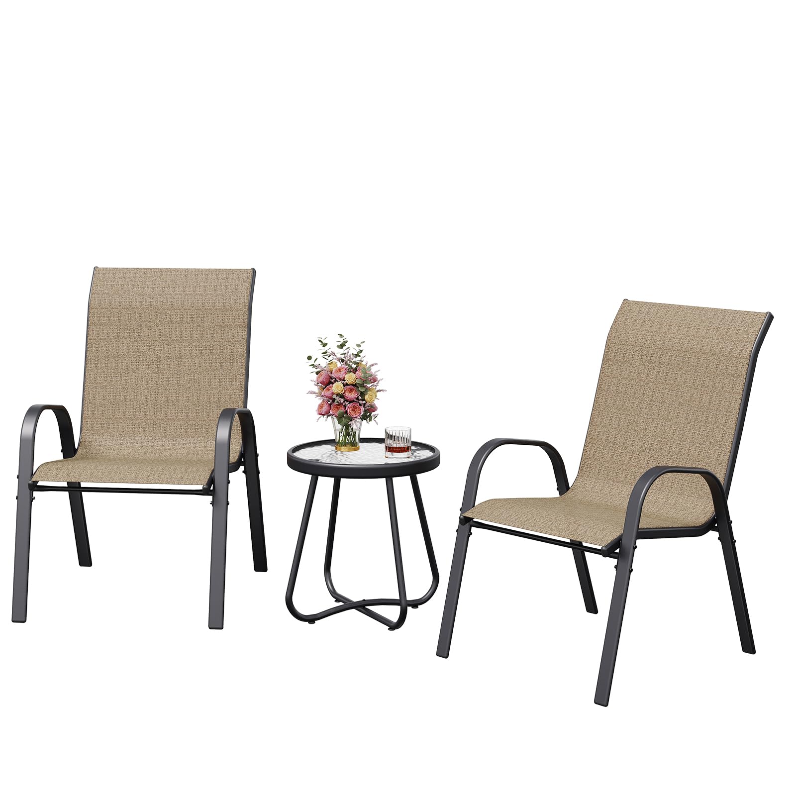 Amopatio 3 Piece Patio Set, Outdoor Stackable Dinging Chairs for All Weather, Breathable Garden Outdoor Furniture for Backyard Deck, Brown