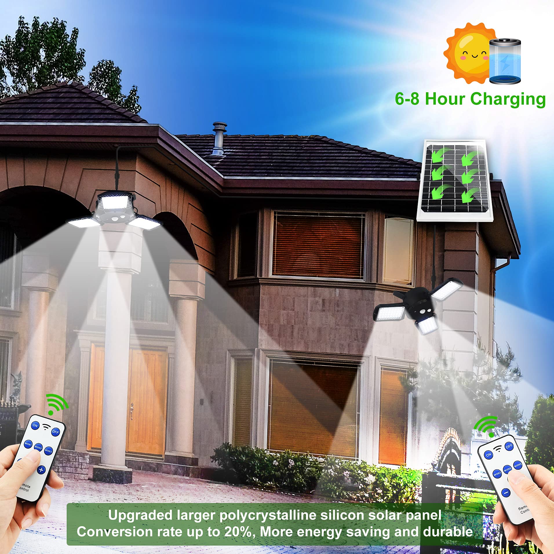 CYHKEE Solar Pendant Lights Outdoor Waterproof 4 Lighting Modes, 800LM Dusk to Dawn LED Dimmable Motion Sensor Hanging Solar Security Lights Remote Control with Pull String for Garden