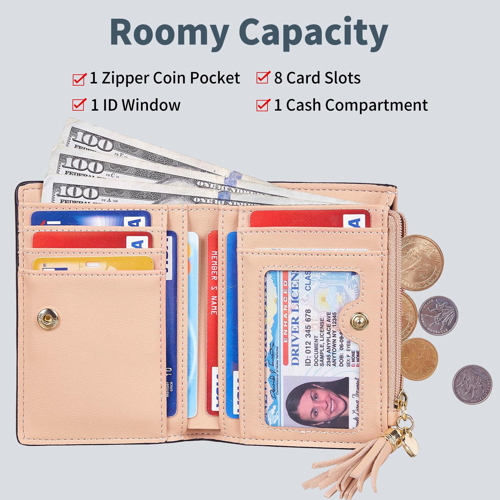 Gostwo Small Wallet Women RFID Blocking Leather Credit Card Wallet with ID Window and Zippered Coin Pocket Tassel Cute Wallet