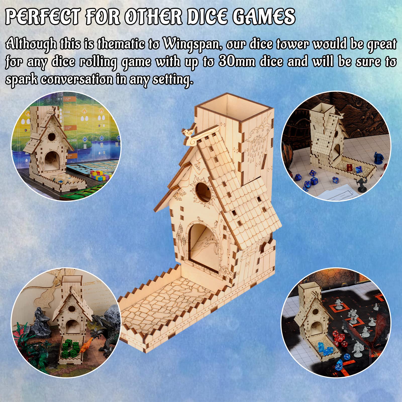 CZYY Bird Feeder Dice Tower with Tray Wood Laser Cut Perfect for Wingspan and Other Tabletop Games