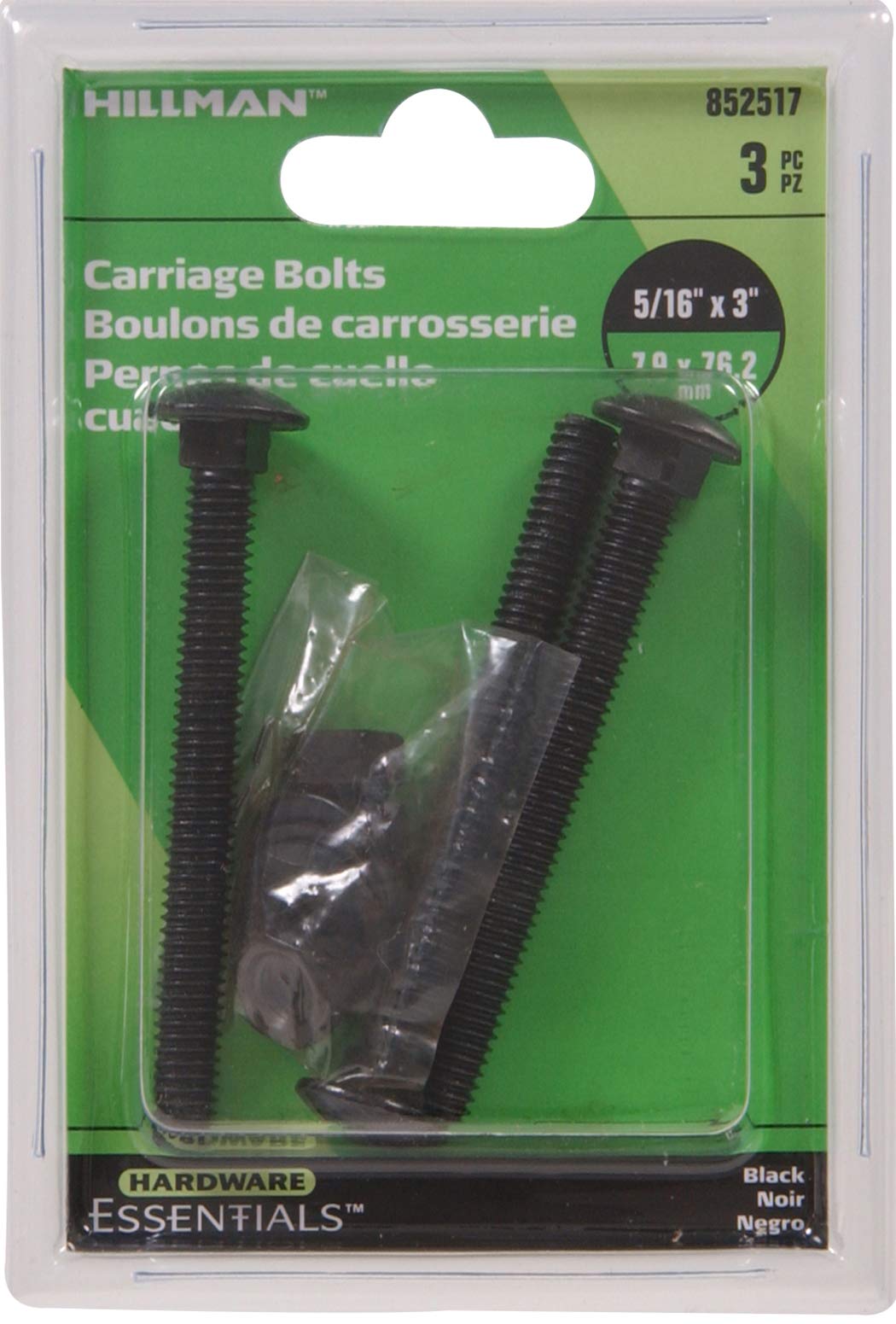 The Hillman Group Black 852517 5/16 x 3 Carriage Bolt Finish 3-Pack, 5/16" x 3"