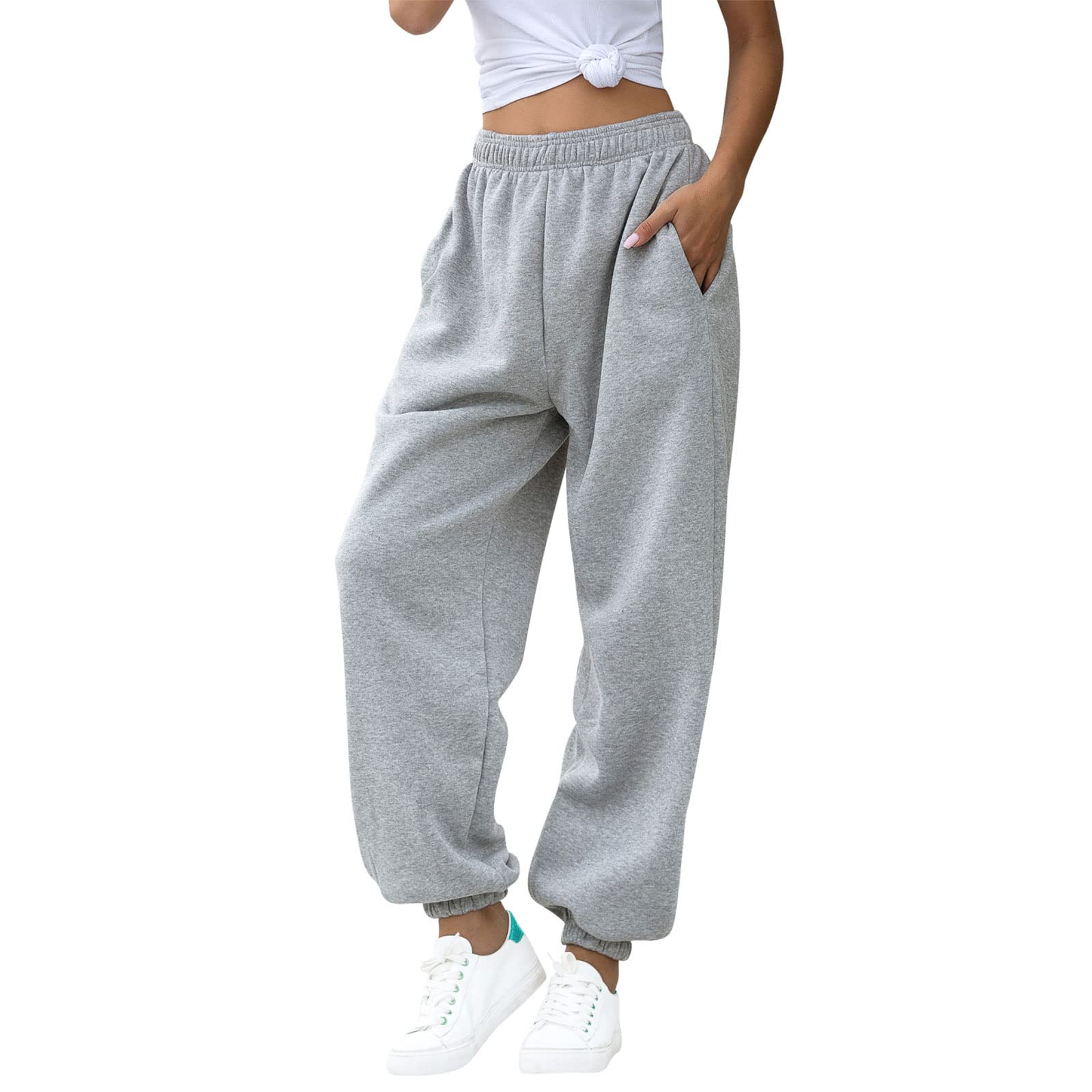 ASHER FASHION Women's Active Thick Jogger Sweatpants Baggy Lounge Yoga Pants with Pockets Sporty Gray Thick L