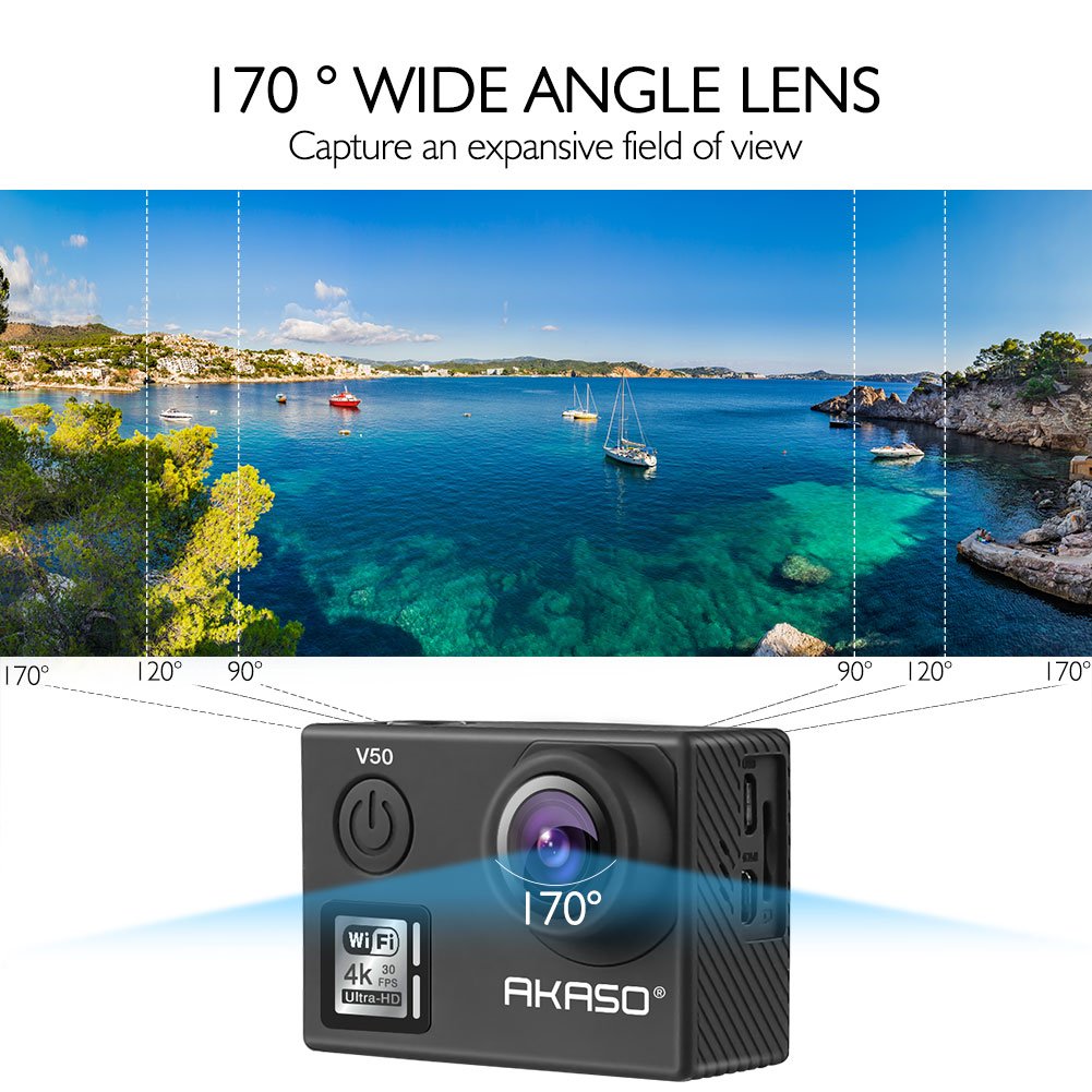 AKASO [UPGRADED] V50 Native 4K/30fps 20MP WiFi Action Camera with EIS, 30m Waterproof Camera with Remote Control, 170 Degree Wide Angle, 2 Rechargeable Batteries and Mounting Accessories Kit