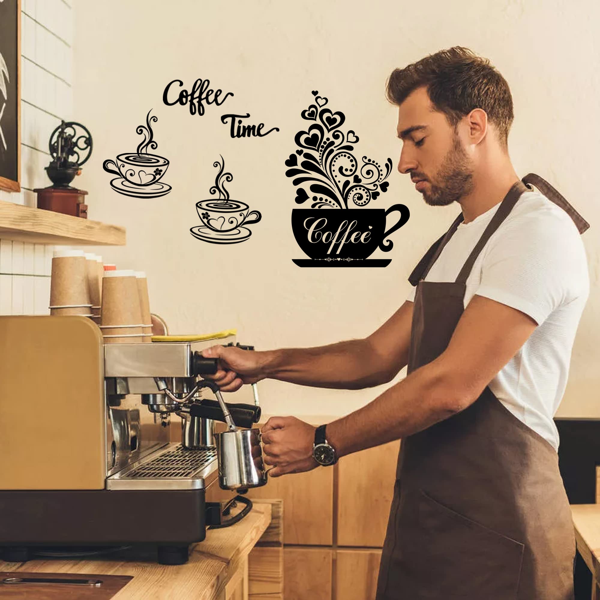 Coffee Cup Wall Decals Vinyl Kitchen Wall Decor Stickers Black Coffee Tea Sign Decor Flower Wall Art Sticker Removable DIY Coffee Saying Decorations for Home Cafe Shop Coffee Station Bar Pub Office