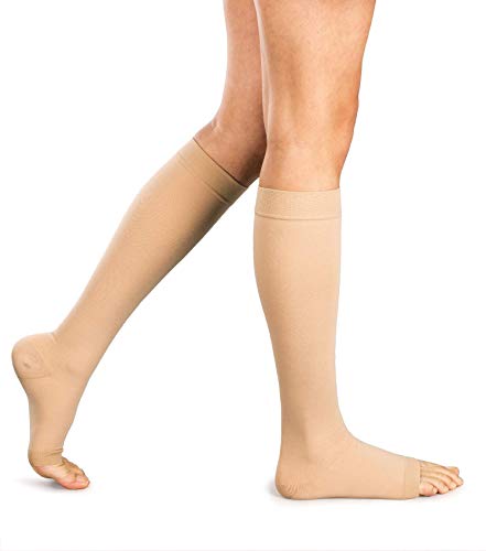 Amazon Brand - Solimo Open Toe Compression Socks for Men & Women, Knee High, Sheer, Beige, 15-20mmHg, X-Large, 1 Pair