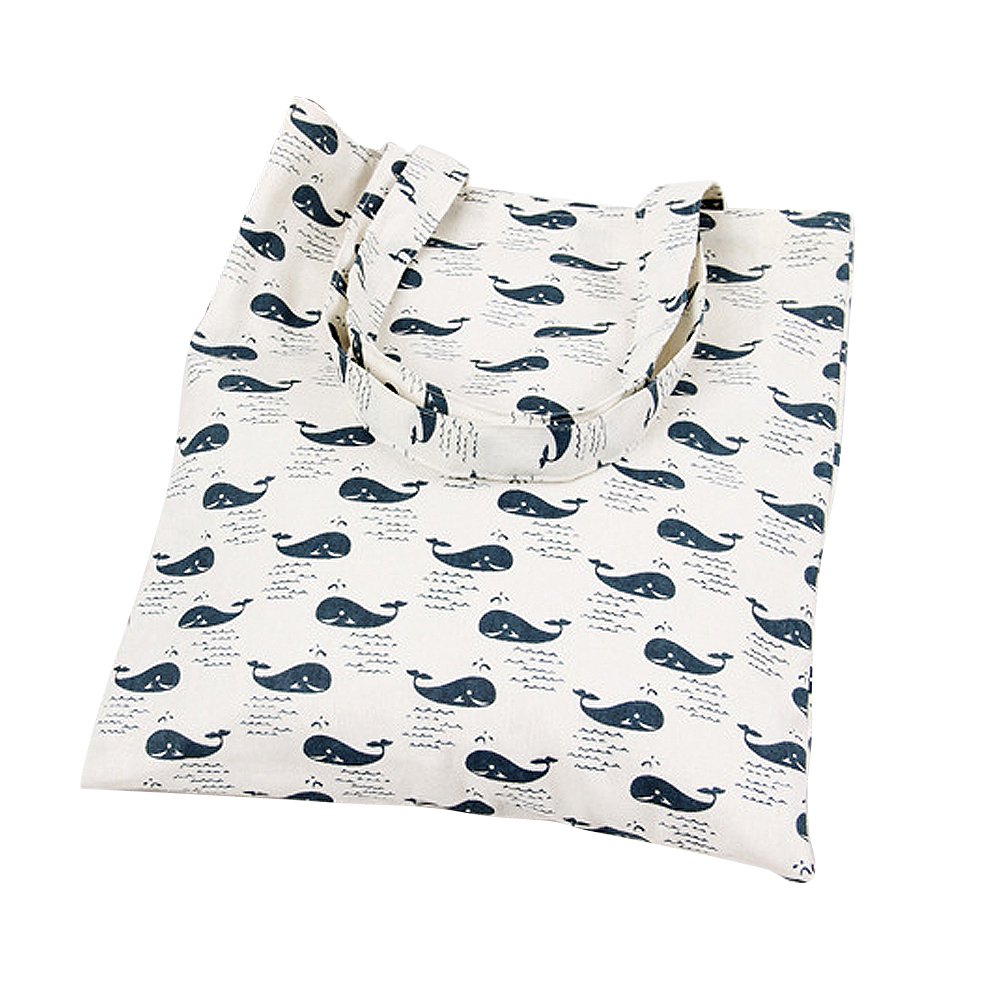 Caixia Women's Cotton Cartoon Whale Print Canvas Tote Shopping Bag (Beige-Zip)