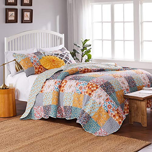 Greenland Home Carlie Modern Floral Reversible Quilt Set, 3-Piece King, Calico Patches