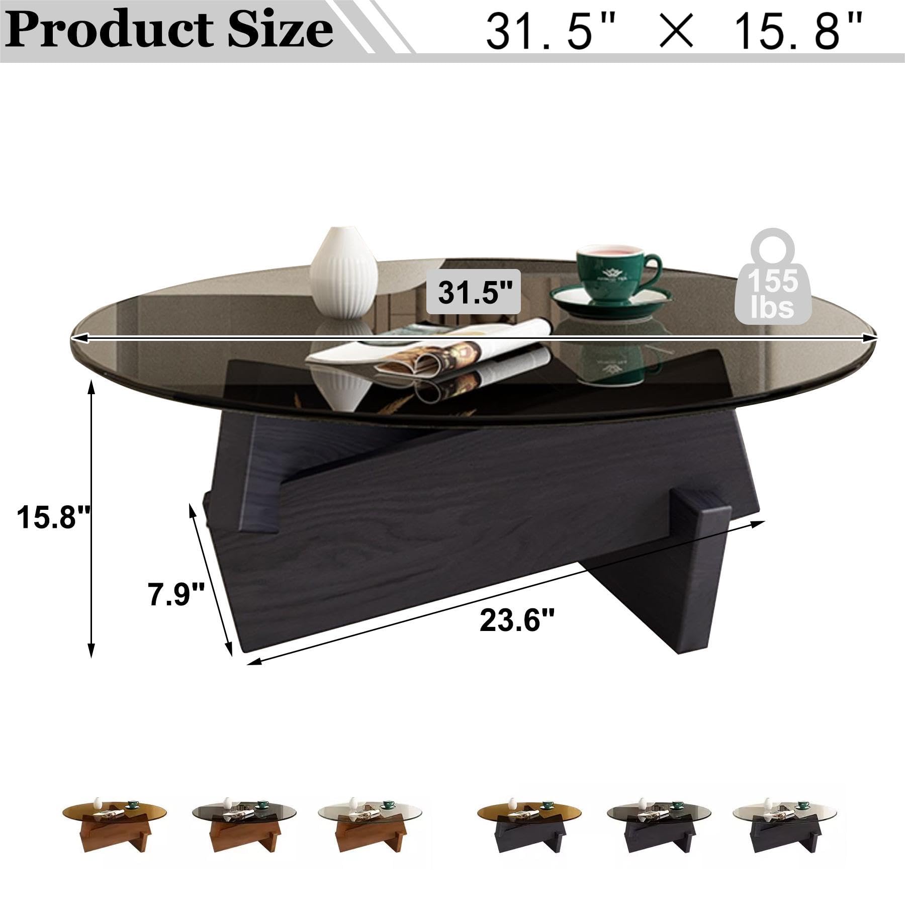 Coffee Table, Round Coffee Table for Living Room Modern Glass Coffee Table with Solid Wood Legs Farmhouse Mid Century Center Table Large Circle Cocktail Table (Black + Brown, 31.5in)