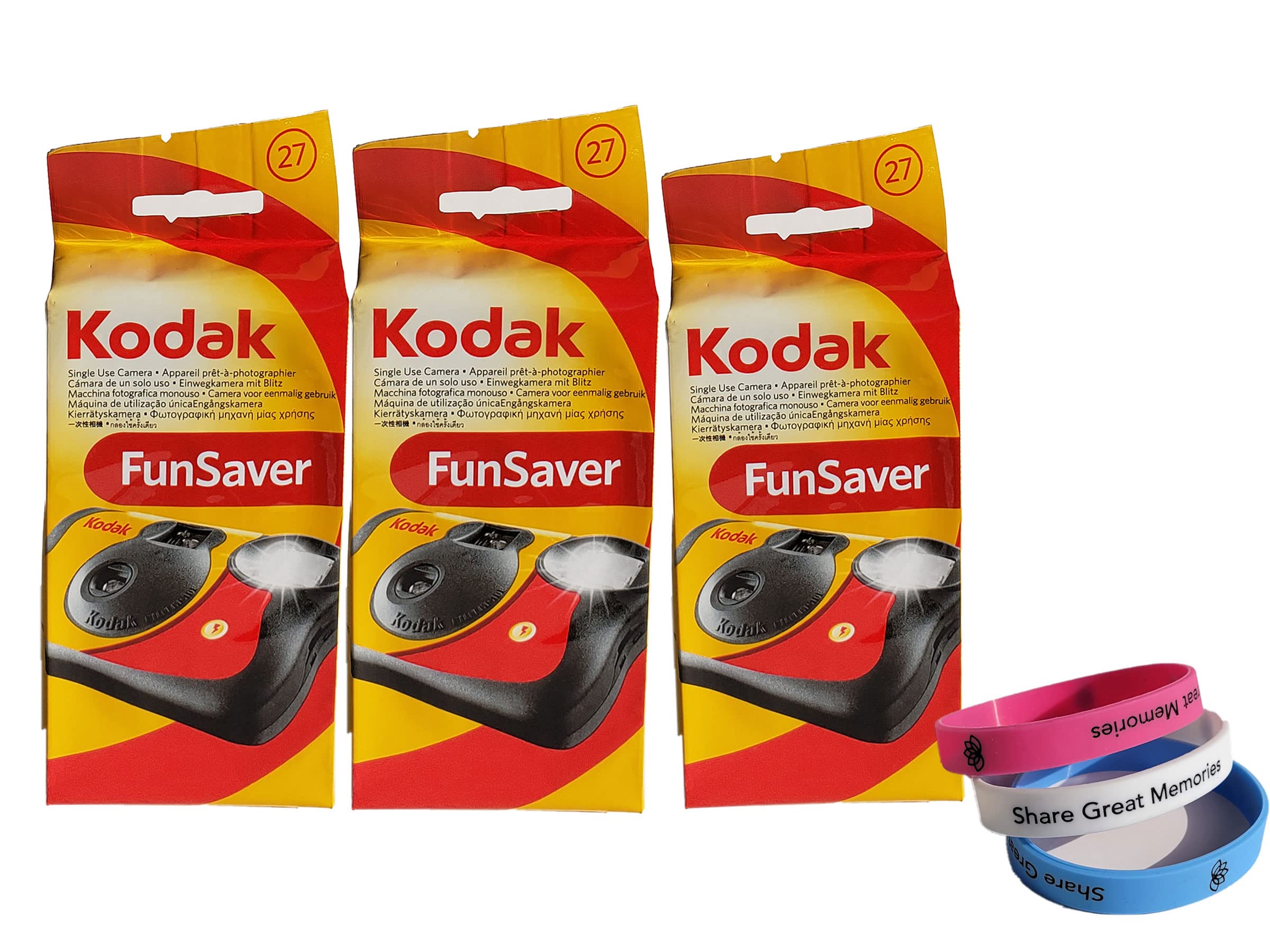 Kodak FunSaver Disposable Camera 800 ISO 35mm with Flash 27 Exposures (Pack of 3) Plus Free Silicon Wrist Bands