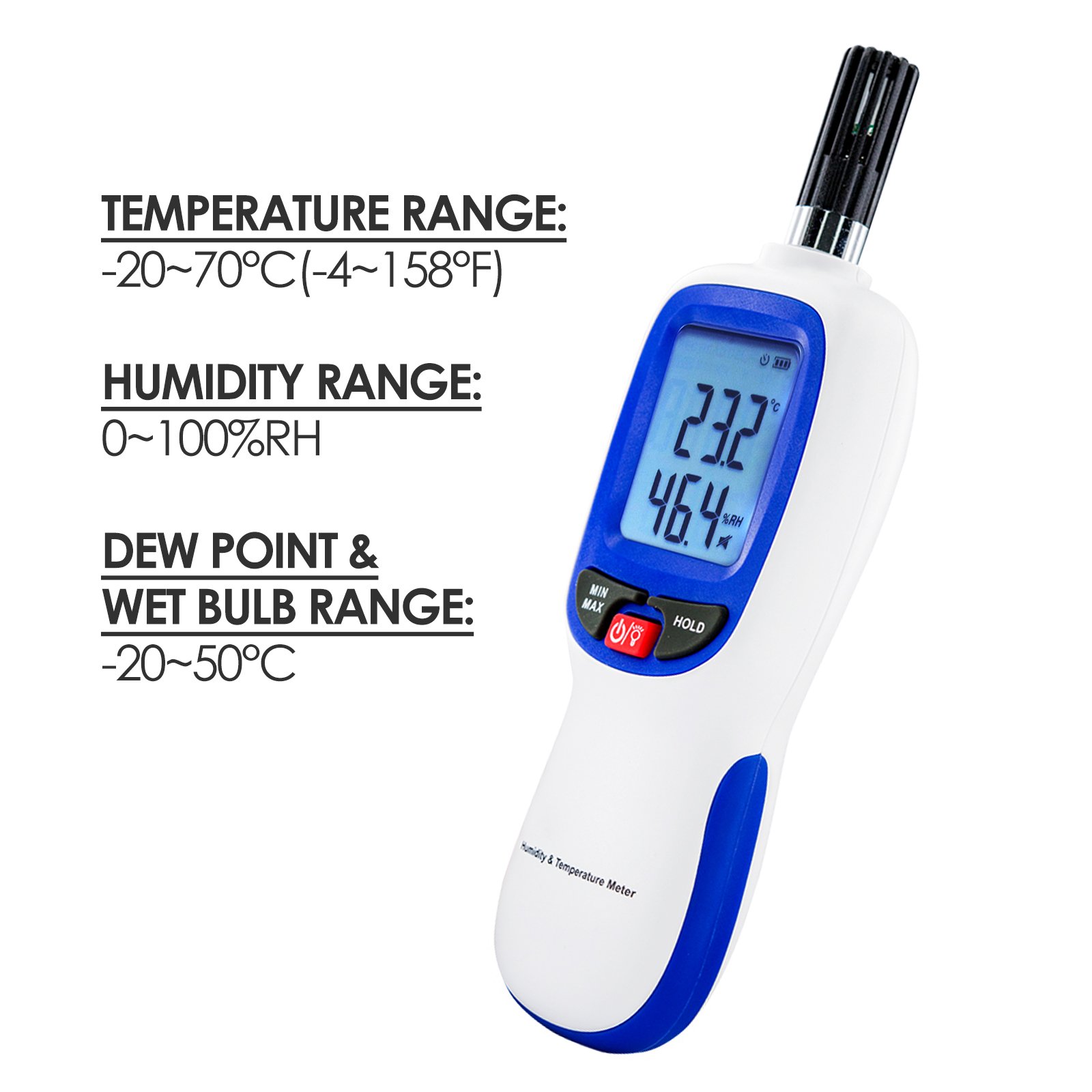 Gain Express Digital Humidity & Temperature Meter Hygrometer Psychrometer, Dew Point and Wet-Bulb Temperature Range -4~158°F, Humidity Range 0~100% RH, Min/Max Hold, LCD Backlight