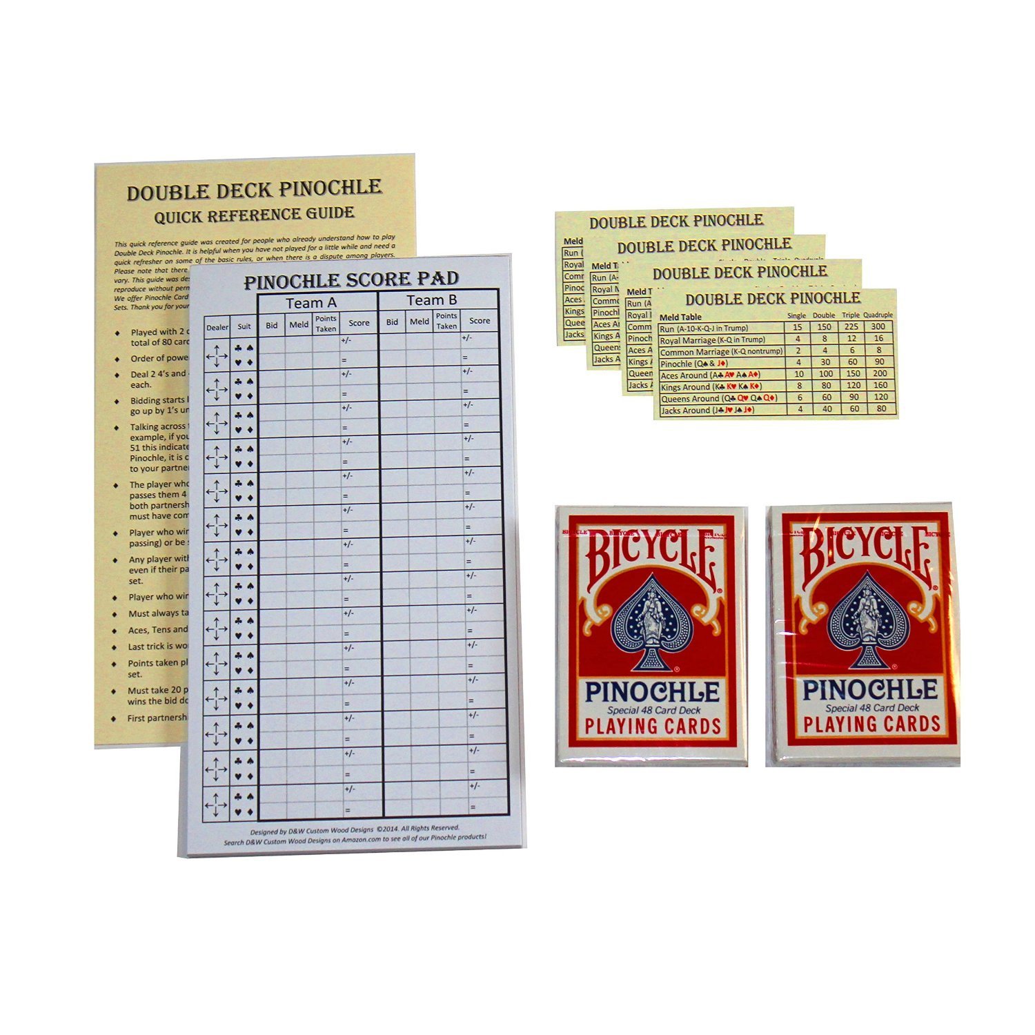D&W Custom Wood Designs Pinochle Score Pad Gift Set (Red): 40 Page Score Pad, Two Decks Red Bicycle Pinochle Playing Cards, Four Meld Tables and Double Pinochle Quick Reference Guide