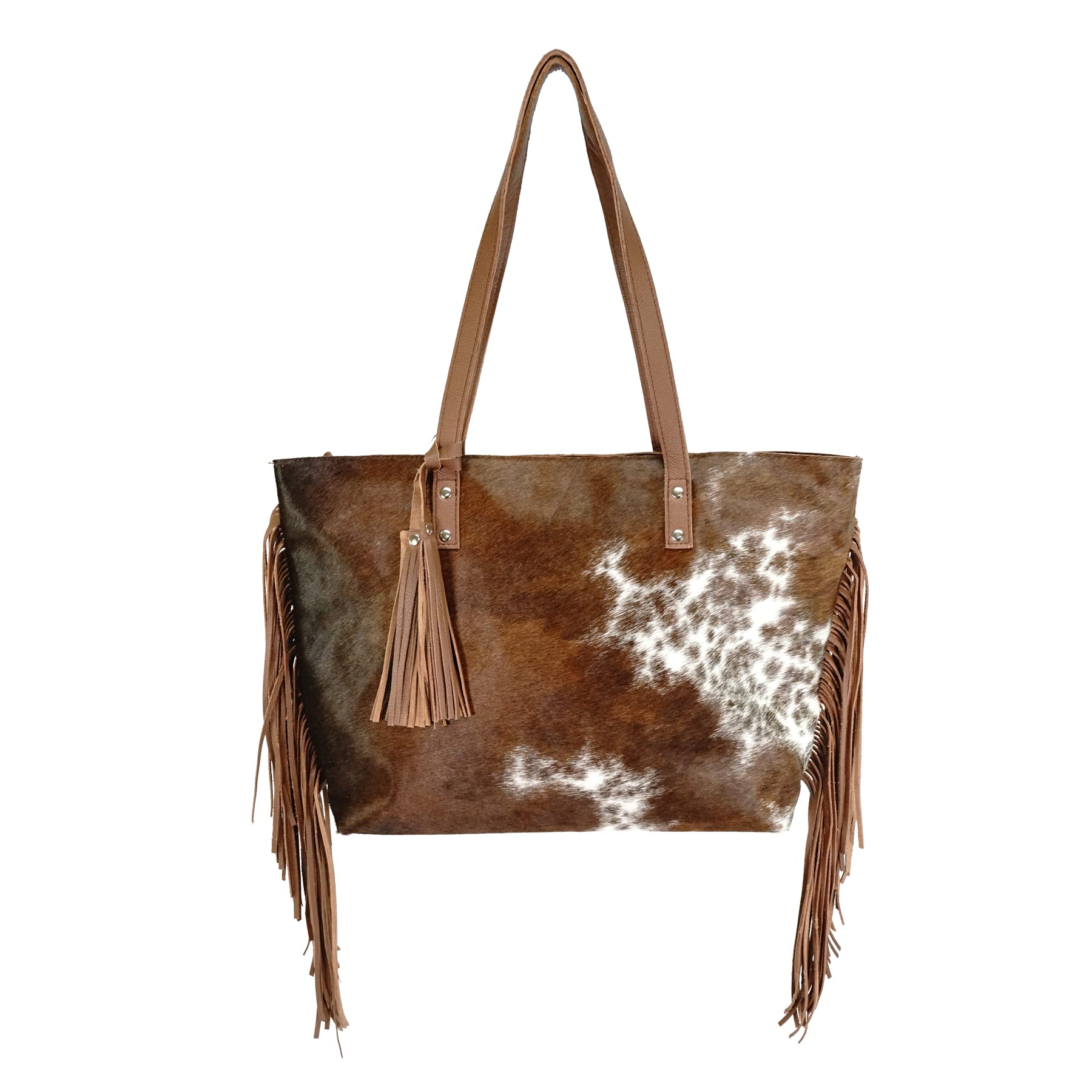 bonanza leathers Cowhide Shoulder Bag - Stylish Western Fringe Purse w/Zipper Closure - Durable Western Tote Bag & Leather Bag for Daily Use - Western Purse w/Unique Cowhide Pattern - Chocolate