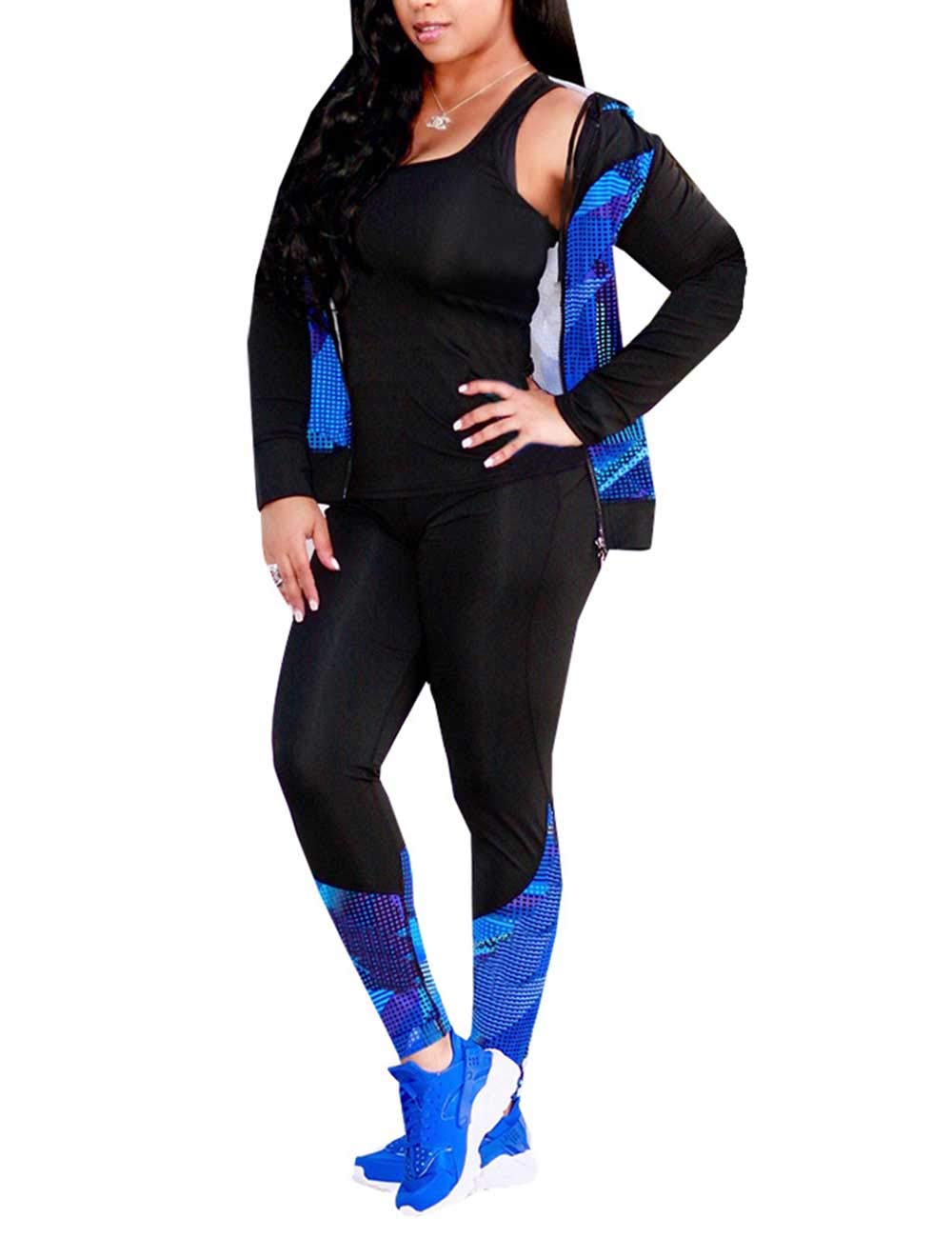 Akmipoem Autumn Long Sleeve 2 Piece Outfit Full Zip Up Jacket+Skinny Pants Set for Young Ladies Blue L