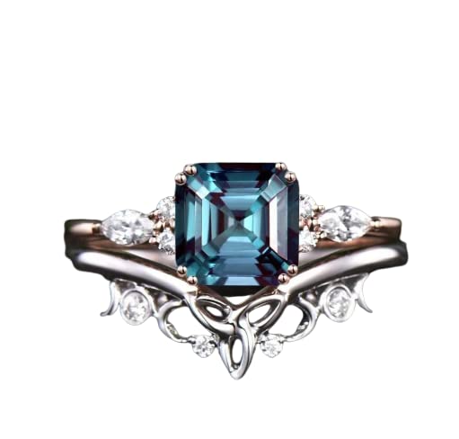 Asscher cut Alexandrite engagement ring set solid 14k rose gold art deco unique marquise diamond wedding bridal ring set for women jewelry (WHITE GOLD, 5)