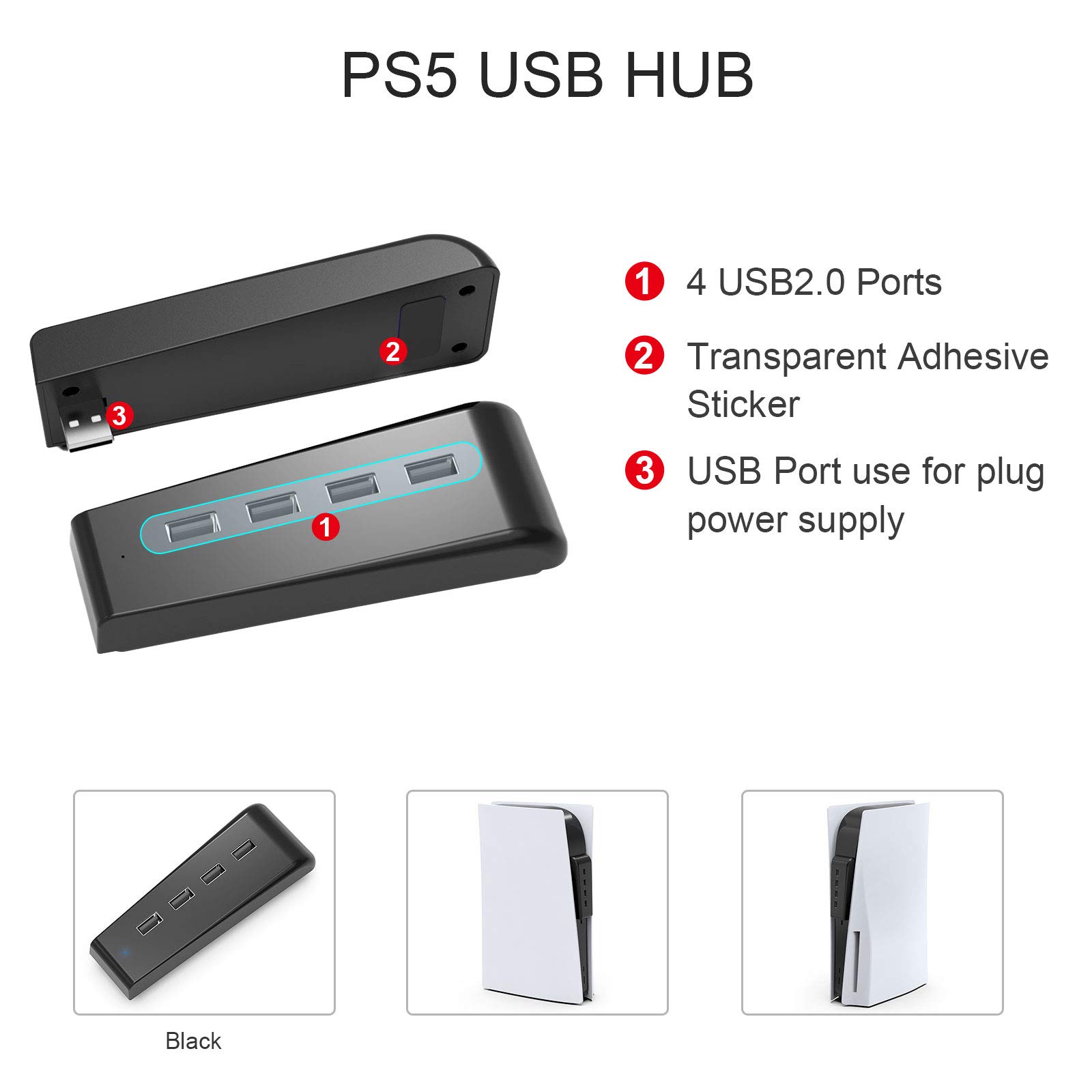 AKNES 4 Port Hub for PS5 Console, USB 3.0/2.0 High-Speed Expansion Hub Charger Controller Adapter Connector Compatible with Playstation 5 Gaming Console,Expands Game Console Ports, Black