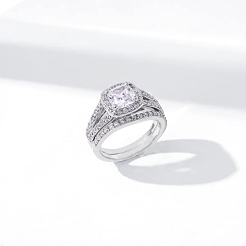 Amazon Collection Sterling Silver Platinum Plated Infinite Elements Cubic Zirconia Cushion Halo Ring, Size 7