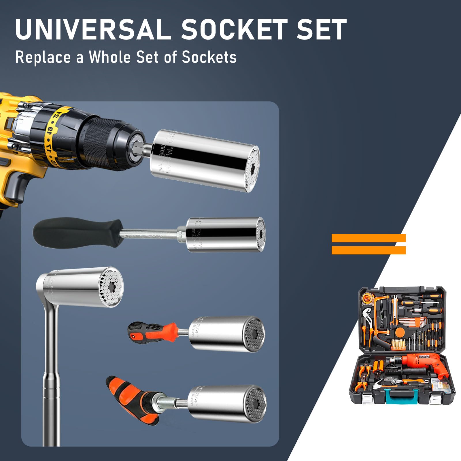 Valkynos Universal Socket Wrench, Cool Stuff Universal Socket Tool with Power Drill Adapter (7-19mm), 1/4 Bit Holder Tool Organizer Drill Bit Holder Key Chain Gadgets for Men
