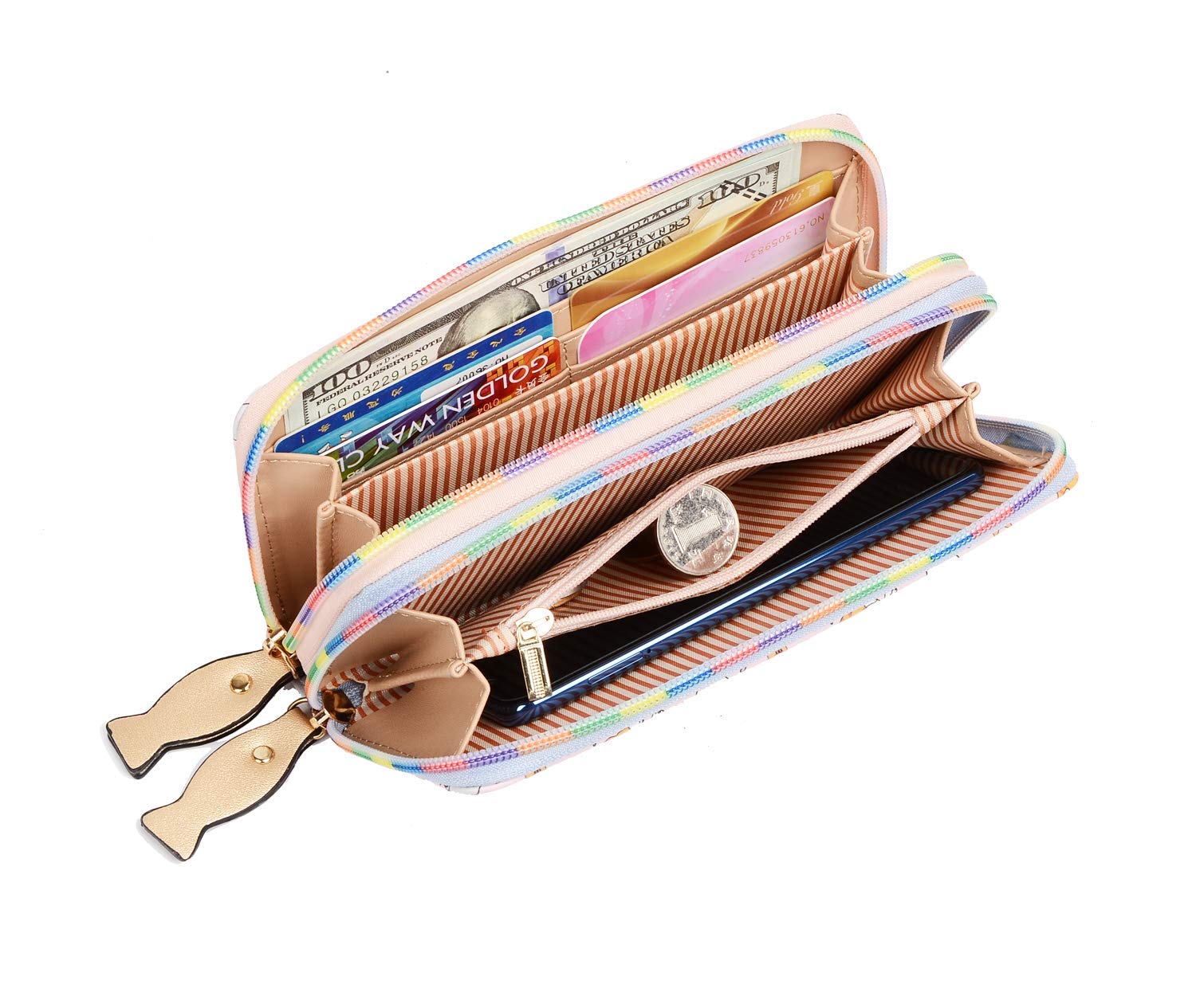 Ecohaso Womens Wallet, Large Capacity Cellphone Wallets Cute Cat Pattern, Double Zipper Long Leather Wristlet Clutch Purse