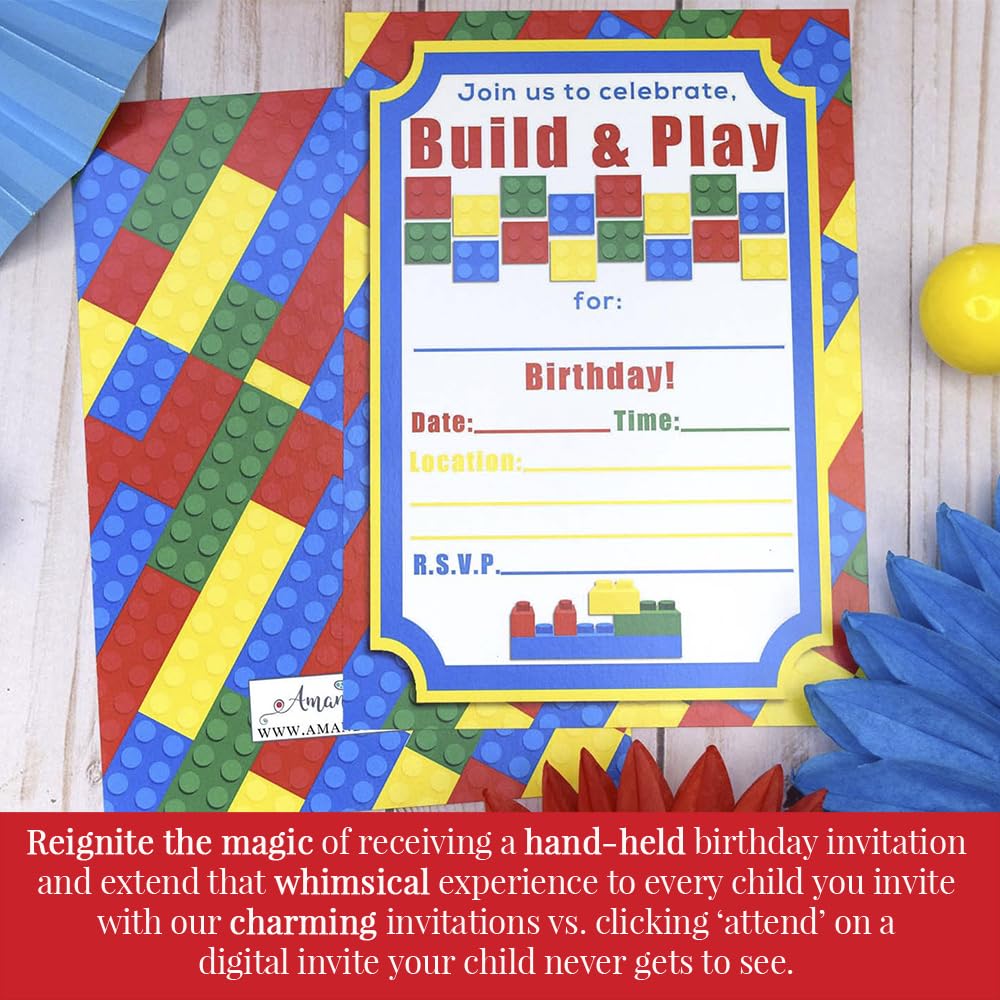 Building Blocks Birthday Party Invitations, 20 5x7 Fill In Cards with Twenty White Envelopes by AmandaCreation