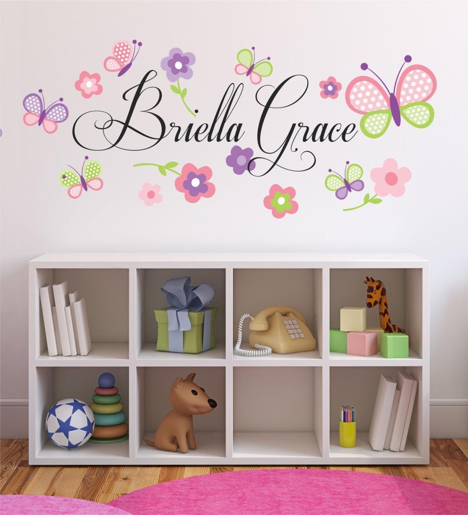 Flowers and Butterflies Personalized Custom Name Childrens Nursery Printed Vinyl Wall Decal Plus Free 12" White Hello Door Decal, Girl Name Wall Decal, Girls Name Decal, Wall Decor, Butterfly Decals