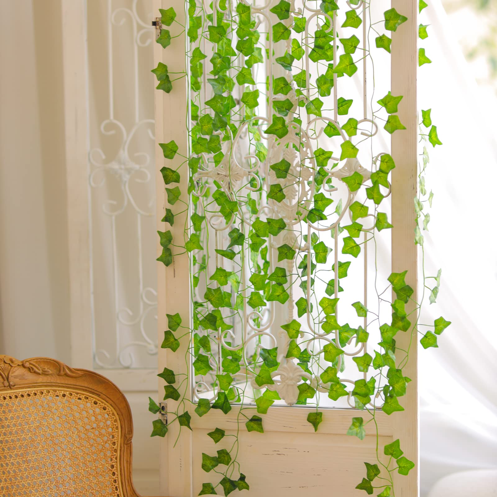 kovdim Artificial Ivy Vines Leaves 12 Strands (84 Ft), Ivy Garland Fake Vines Plants Hanging for Bedoom Room Wall Weeding Party Decor, Green