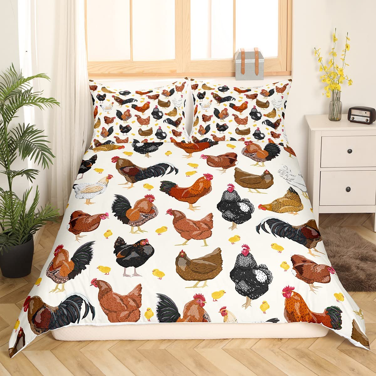 Feelyou Chicken Comforter Cover Cute Chicken Pattern Bedding Set for Boys Girls Children 3D Animals Theme Duvet Cover Room Decor Twin Size Quilt Cover 2Pcs