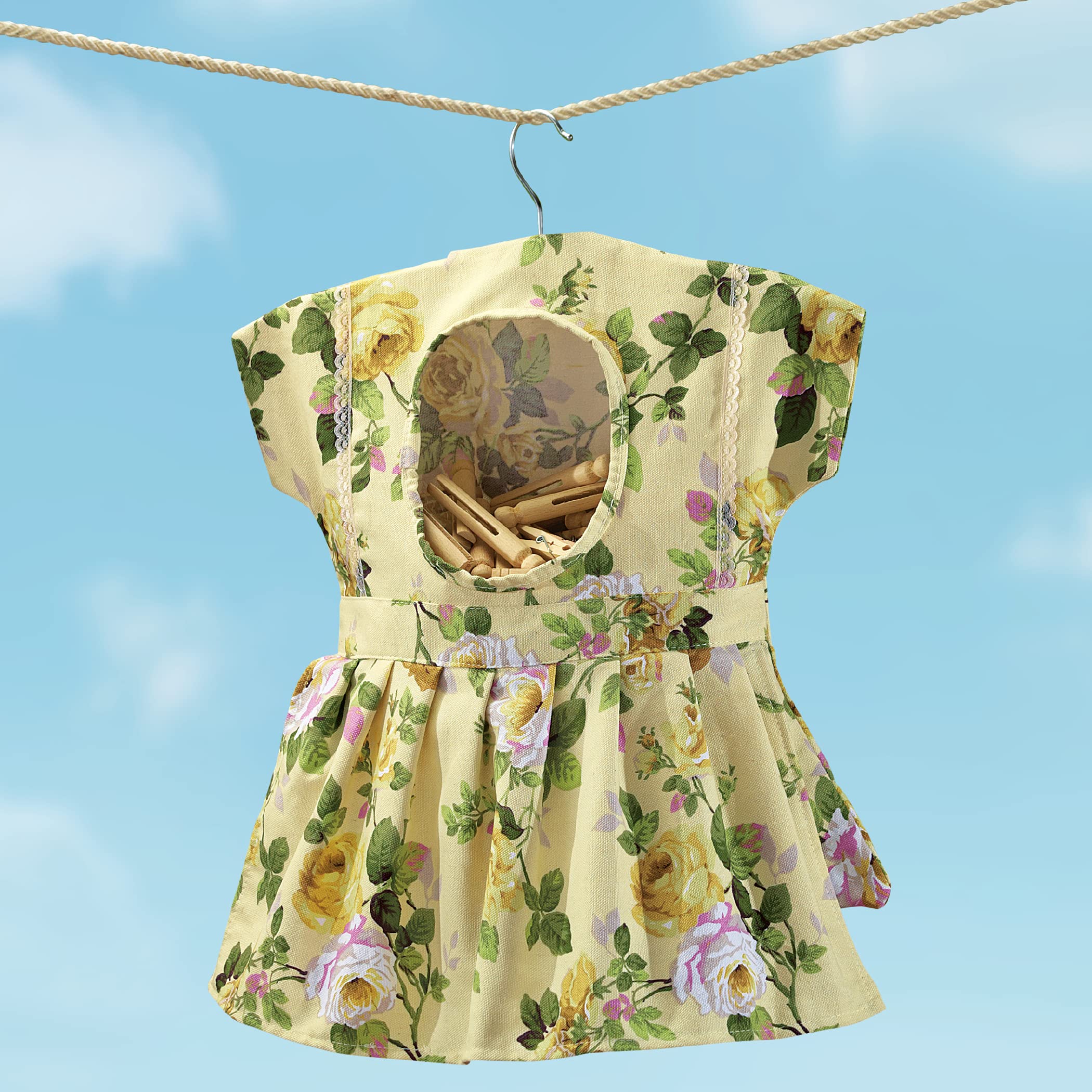 Collections Etc Whimsical Floral Print Dress Hanging Clothespin Bag, Use for Indoor or Outdoor Laundry Drying, Beige