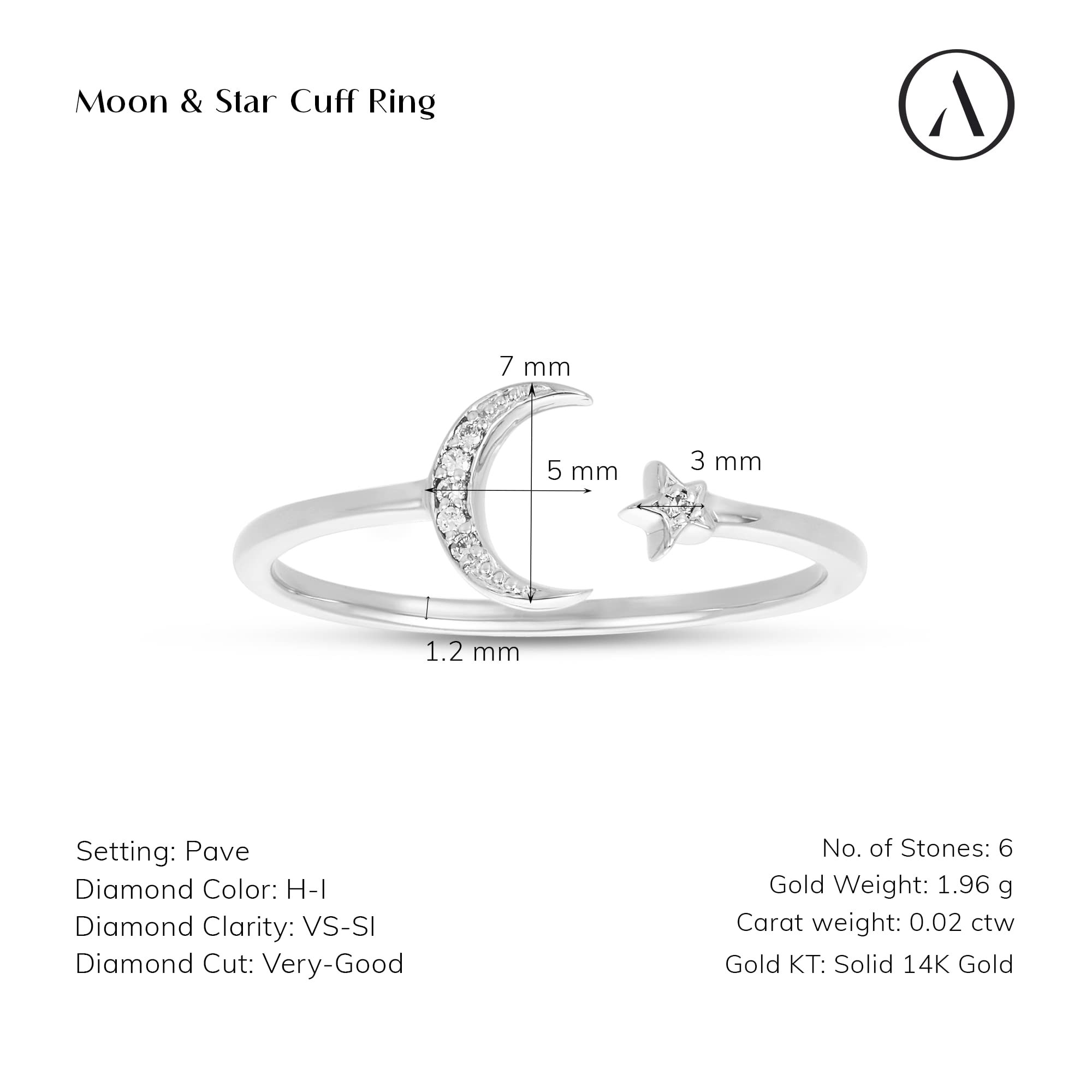 Amaari Fine Jewelry 0.02 ctw. Diamond Moon and Star Cuff Ring in 14K Gold, Stackable Celestial Crescent Moon Ring (H-I Color, SI1-SI2 Clarity)