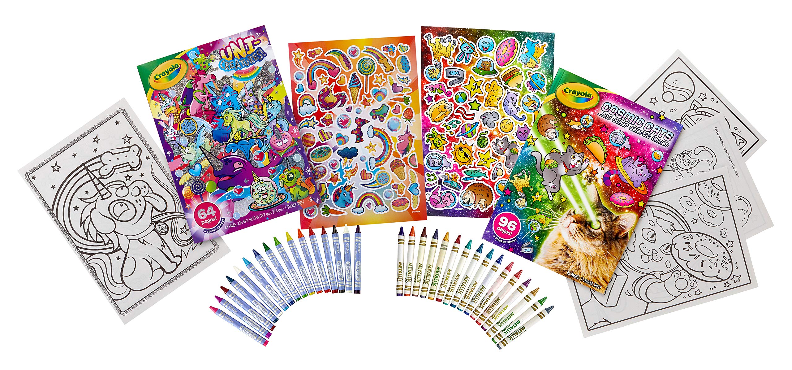 Crayola Uni-Creatures & Cosmic Cats Coloring Book Set - 2 Pack (96pgs), Animal Sticker Sheet, Metallic Crayons & Glitter Crayons