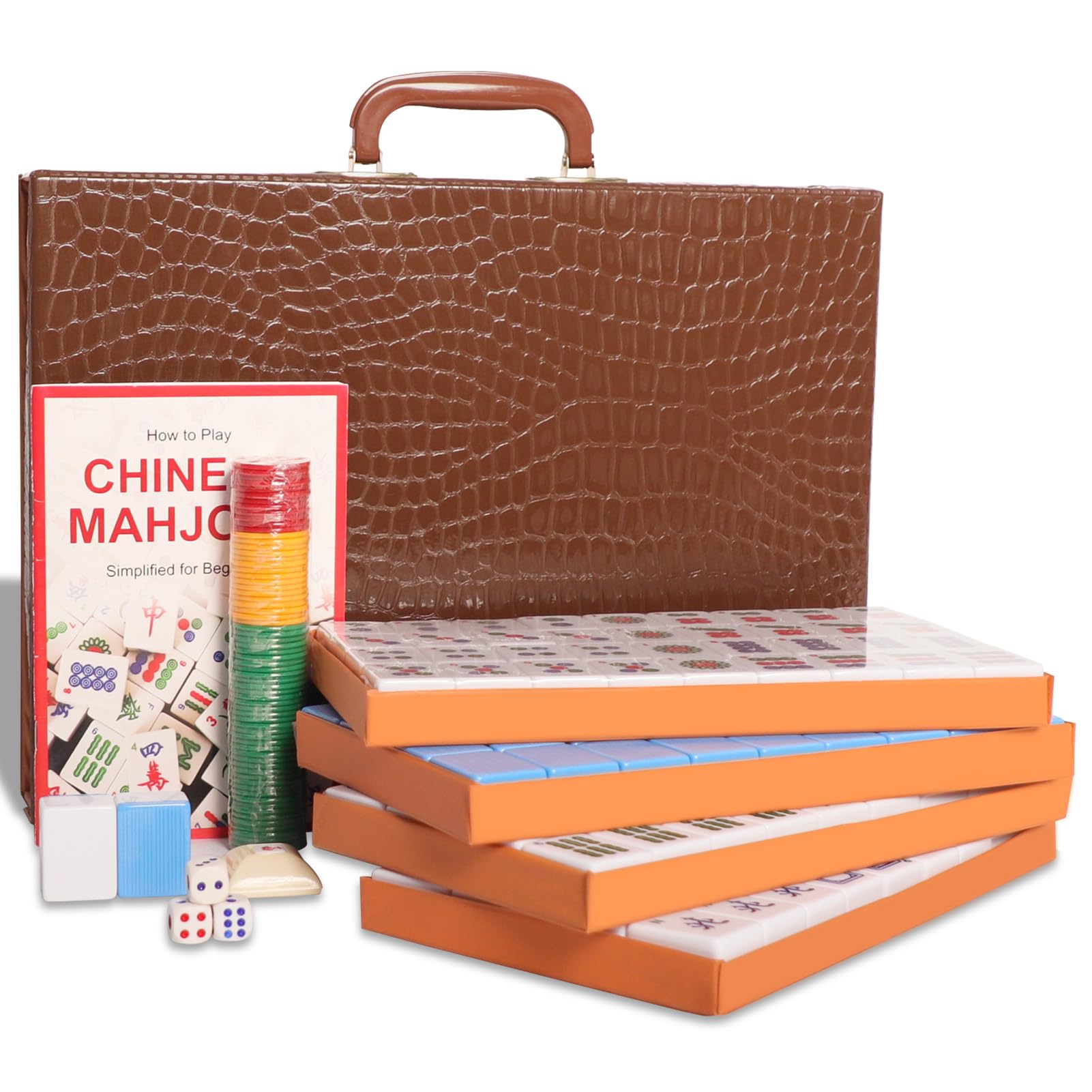 GUSTARIA Chinese Mahjong Set, Mahjong Game Set with 146 Numbered Large Tiles (1.5", Blue), Mahjongg Tiles Set with Brown Carrying Case (Mah Jongg, Majiang)