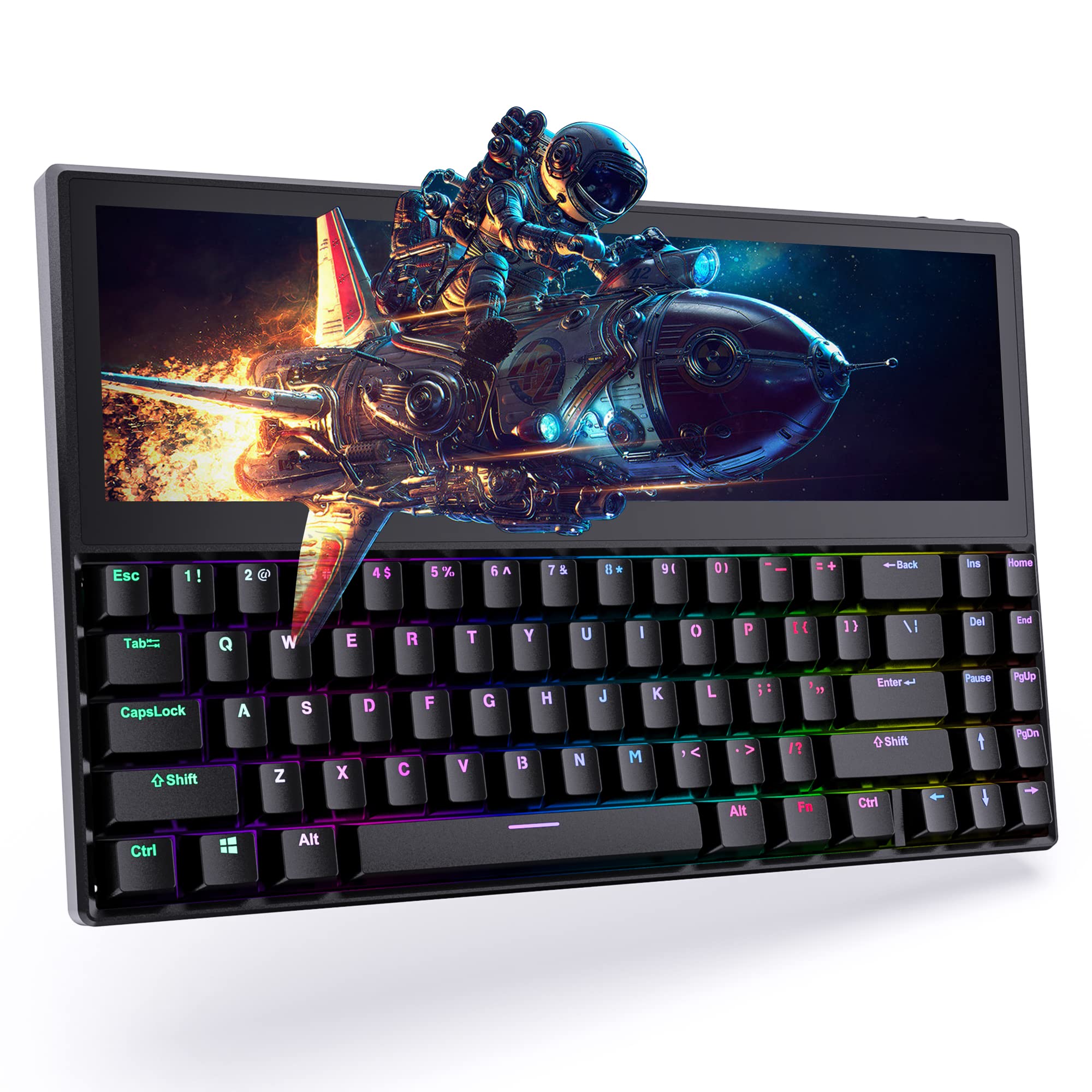 Kwumsy Portable Monitor Split Screen Keyboard Mechanical Multifunctional Keyboard with Built-in 12.6'' Touchscreen USB Expansion Compact 71 Keys RGB LED Backlit N-Key for Windows Mac Android (K2)