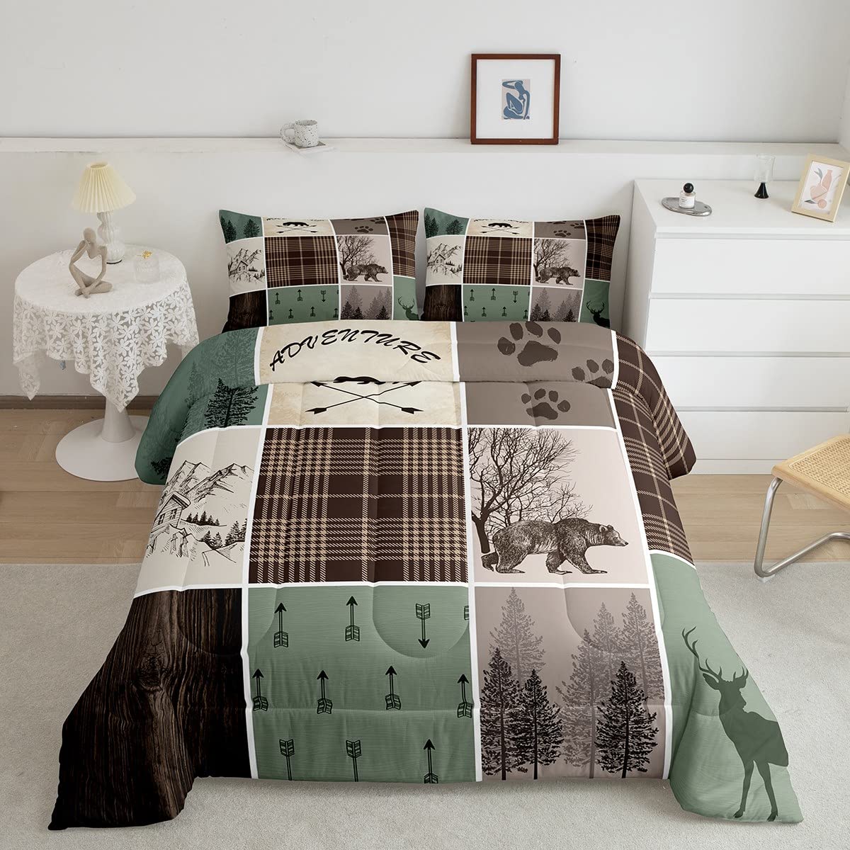 Wild Bear Comforter Set Deer Elk Rustic Animal Xmas Gifts Comforter Set with 2 Pillowcase Black White Retro Farmhouse Plaid Patchwork Decorative Duvet Set for Kids Boys Girls Room Decor,Full Size