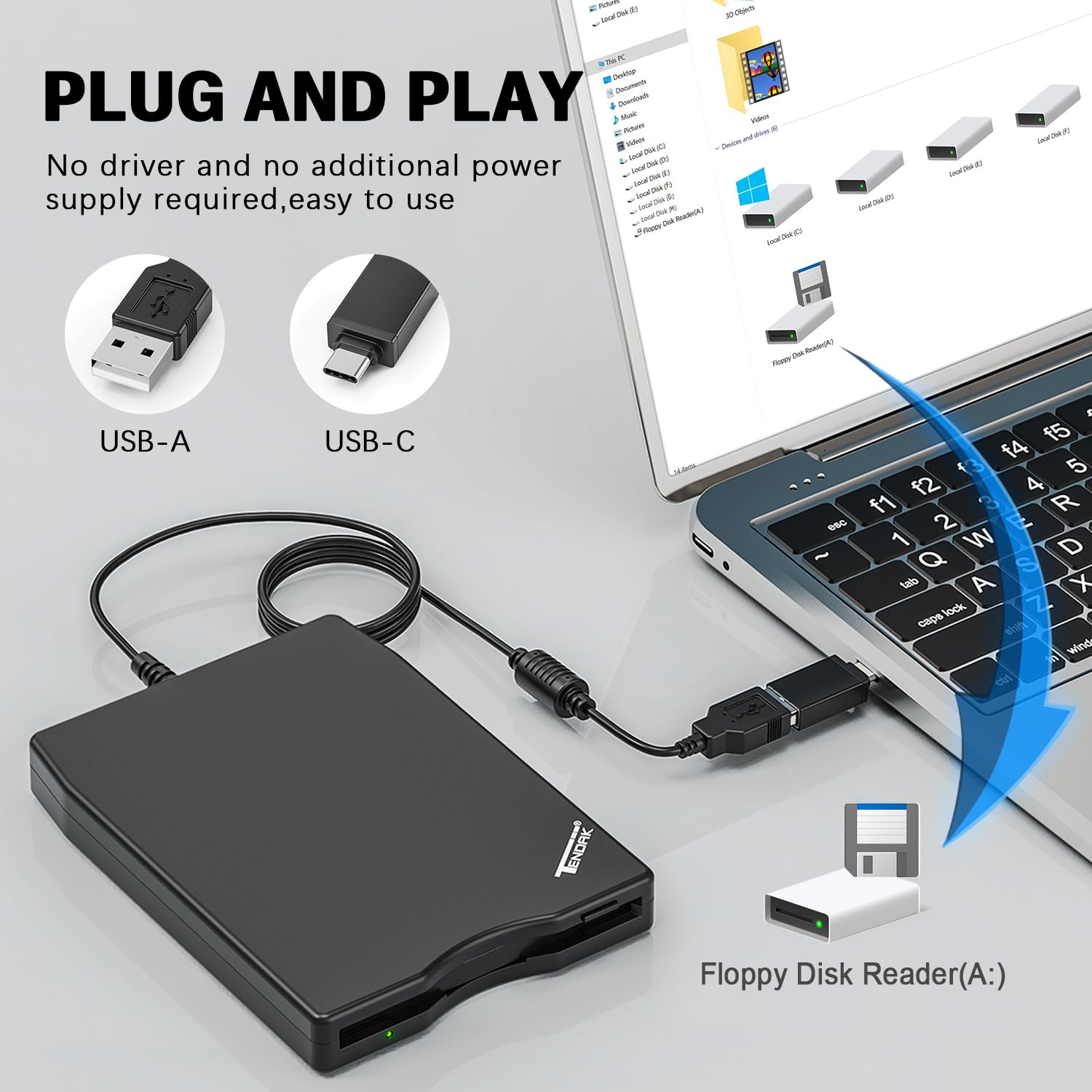 Tendak USB Floppy Disk Drive, Floppy Disk Reader 3.5 inch Portable USB External 1.44MB FDD Diskette Drive for Windows 11/10/8/7/2000/XP/Vista PC Laptop, Plug and Play (Black)