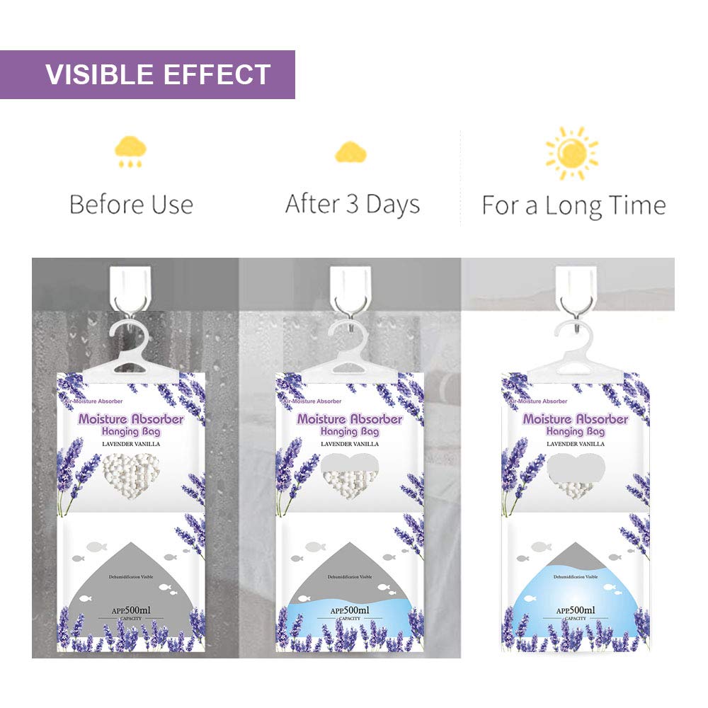 CANAGER Hanging Moisture Absorber, Lavender Vanilla Moistureproof Hanging Bag,Dehumidifier Bag (8 packs) Hanging Closet Dehumidifier Bags, Moisture Absorb 12.5 oz