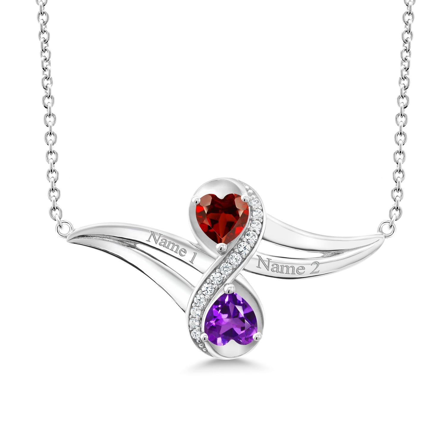Gem Stone King 925 Sterling Silver Customized and Personalized Engraved Gemstone Birthstone 2 Heart Shape Pendant Necklace Promise Love Jewelry For Women with 18 Inch Silver Chain