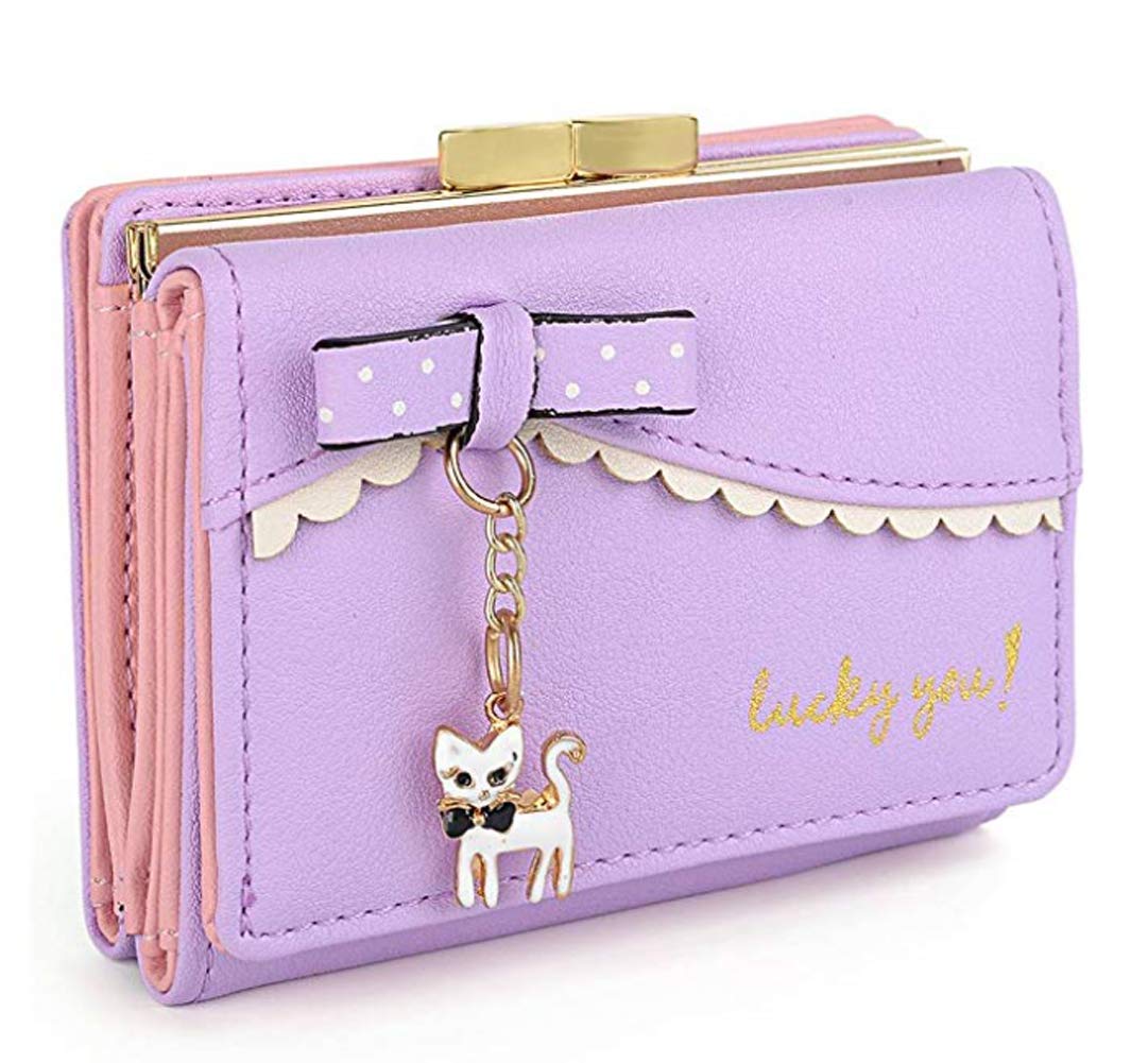 edfamily Womens Leather Cute Cat Bowknot Small Wallet Coins Purse Card Holder (Purple)
