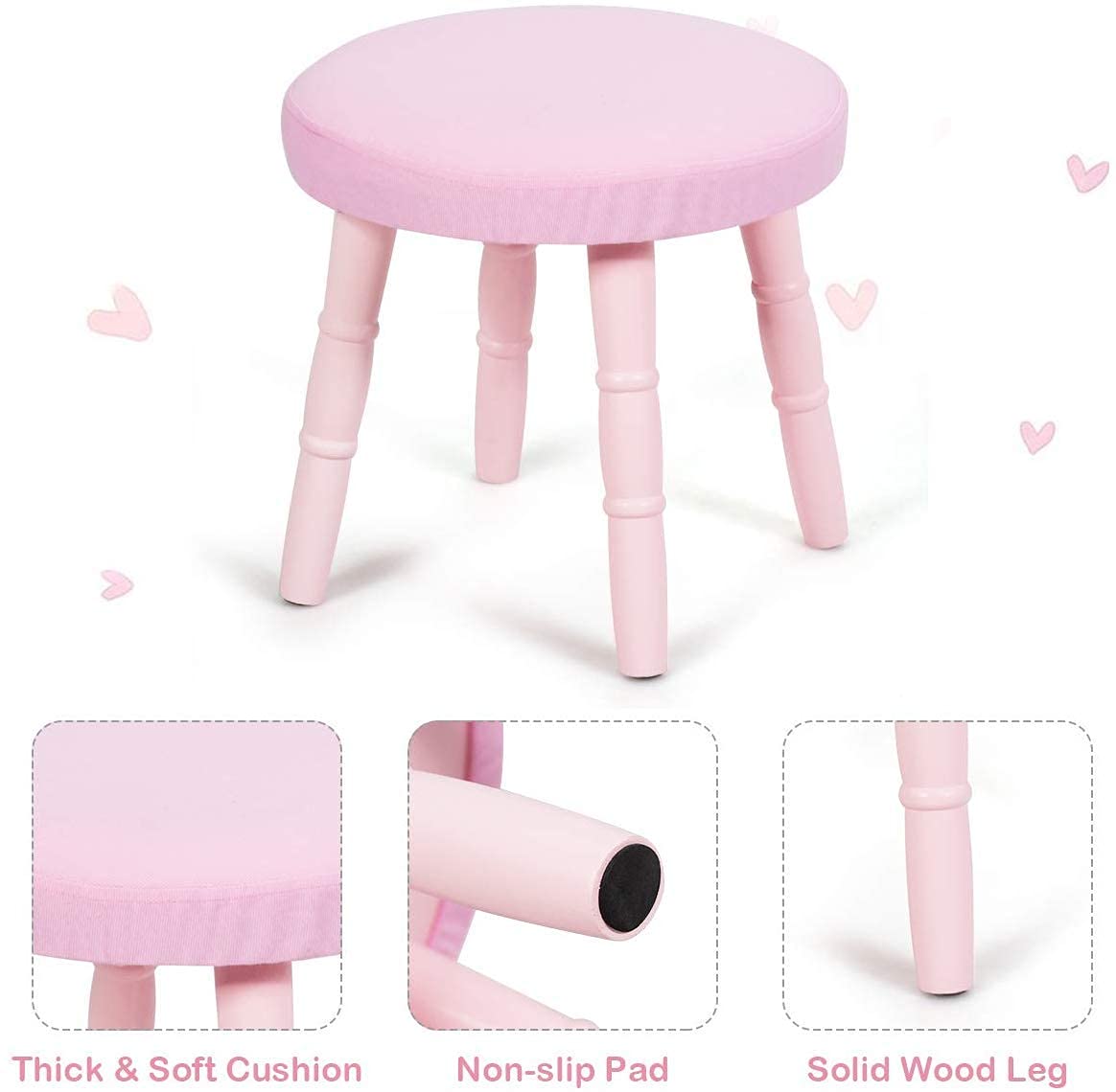 Casart Wooden Kids Vanity Set, Makeup Table and Stool Set with Mirror, Pull-Out Drawer and Cushioned Stool, Perfect Dressing Table Set for Children,Child Pretend Beauty Play Vanity Set, Pink