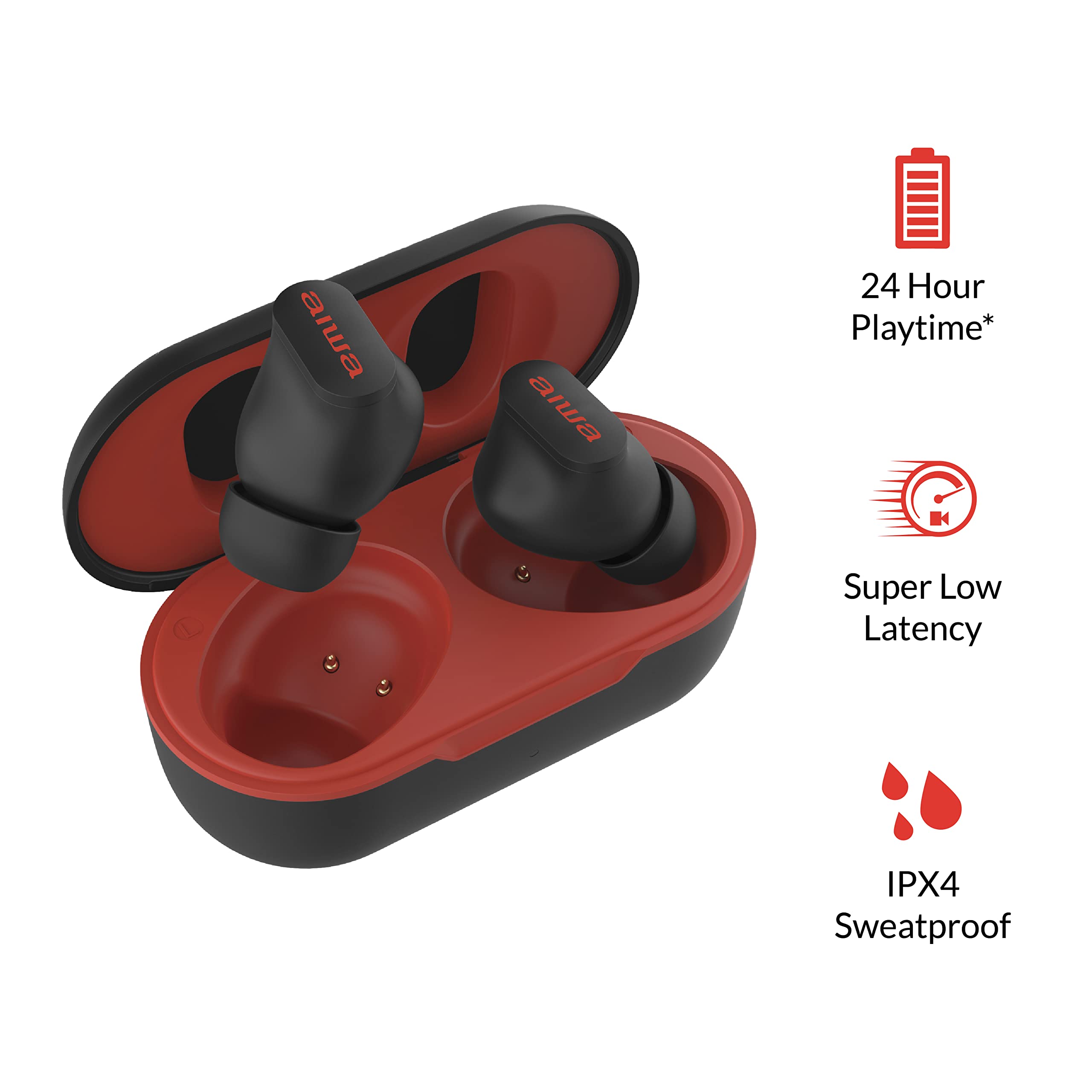 Aiwa Connect Pro Wireless Earbuds True Wireless Stereo Headphones with Wireless Charging Case, IPX4 Waterproof, 30 Foot Wireless Range, Premium Sound, for Running and Working Out (Black)