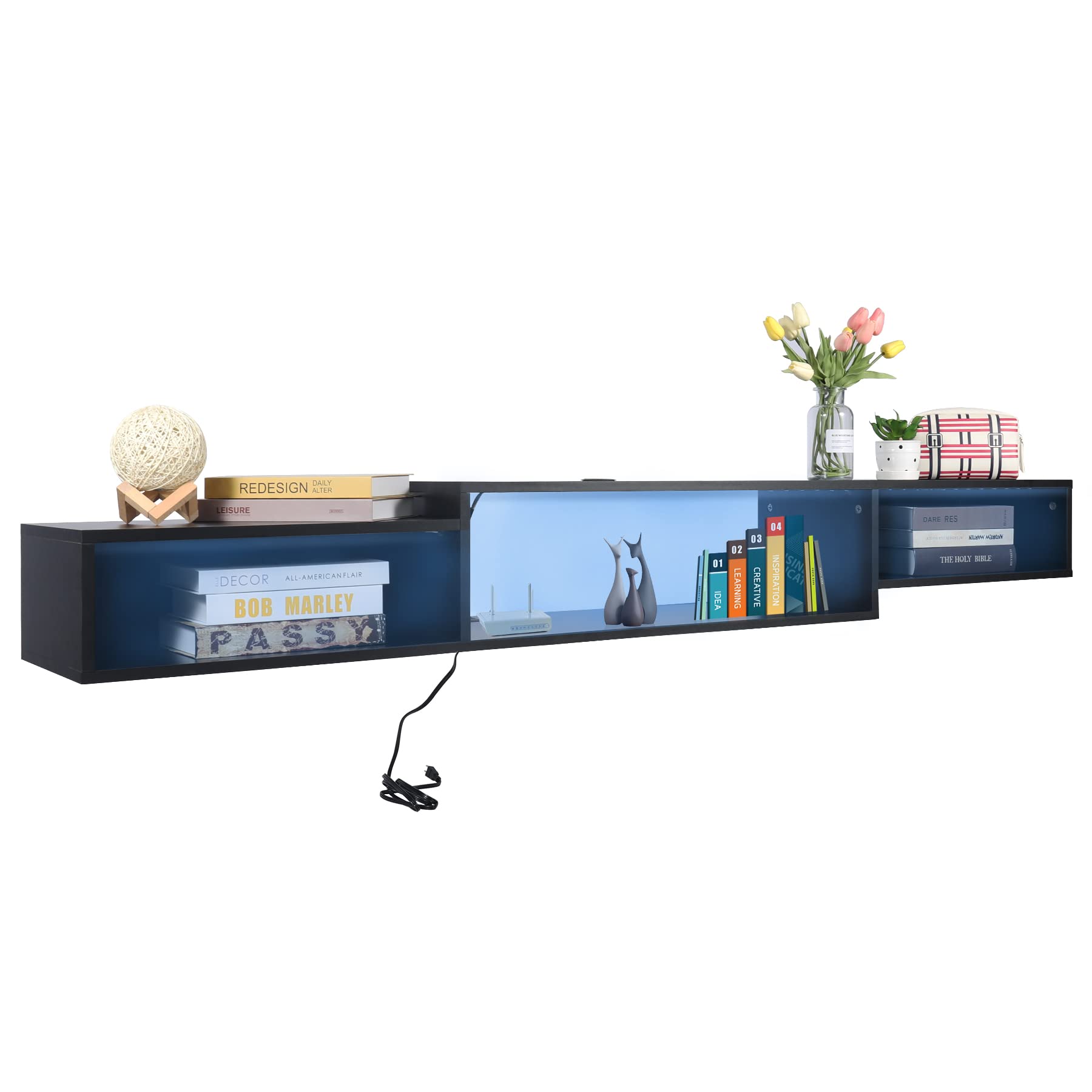 AKVOMBI 71" Floating TV Stand Wall Mounted, Floating Wall Shelf with Led Lights and Power Outlet, Floating Wall Media Console for Living Room Bedroom, Brown