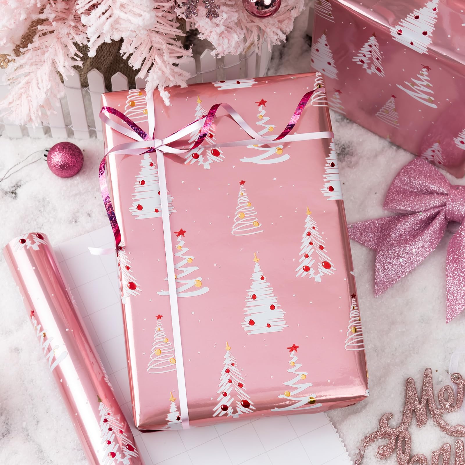 Burymento Christmas Wrapping Paper Roll, Pink Gift Wrap Paper with Grid Lines for Christmas,Metallic Foil Shiny Wrapping Paper - 17 Inches x 32.8 Feet 1 Roll Christmas Trees