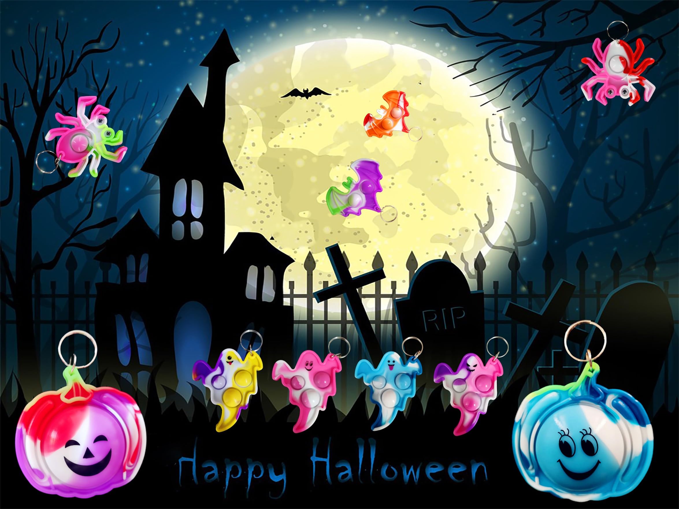 Roaqua 30 Packs Bulk Spider Ghost Pumpkin Bat Push Fidget Bubble Mini Pop Fidget,Small Halloween Party Favors Supplies and Classroom Student Prizes Gifts