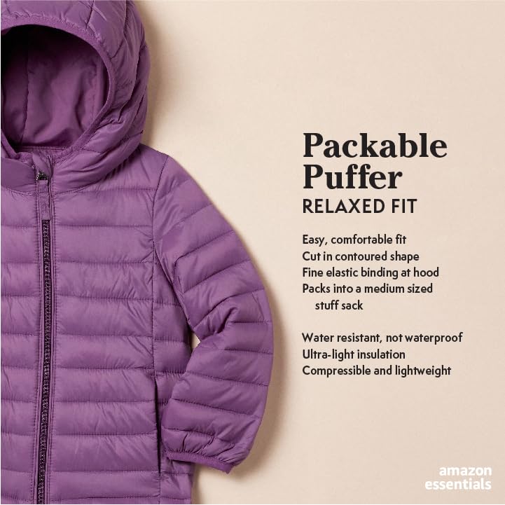 Amazon Essentials Girls' Lightweight Water-Resistant Packable Hooded Puffer Jacket, Black, Small