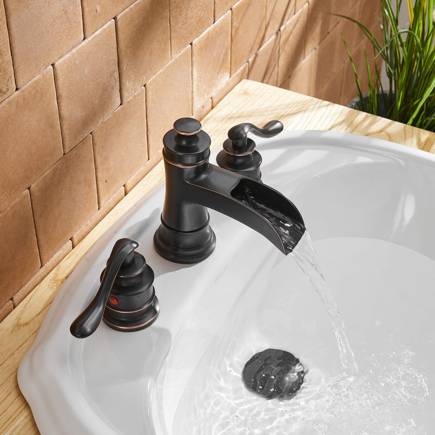 BWE 3 Hole Widespread Bathroom Faucet 8β Oil Rubbed Bronze Farmhouse Waterfall Pop Up Drain Stopper Assembly with Overflow and Supply Line Lead-Free Two Handle Bath Lavatory Sink ORB Mixer Tap