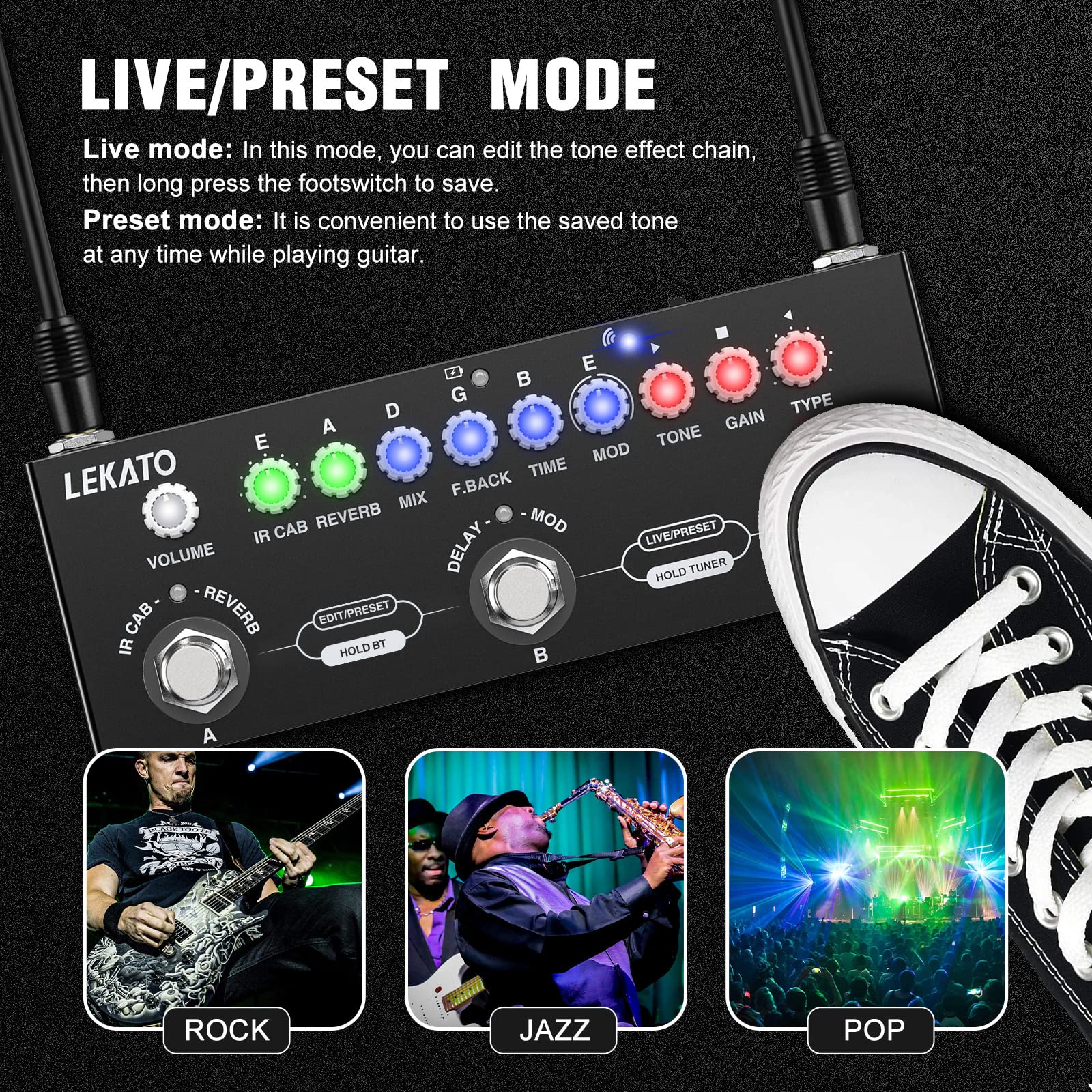 LEKATO Multi Effects Guitar Pedal, with IR Loading 9 AMP Models, Delay Reverb Distortion Overdrive Pedal, Rechargable Electric Guitar Effects Multi Pedal Support Recording,Bluetooth 5.0