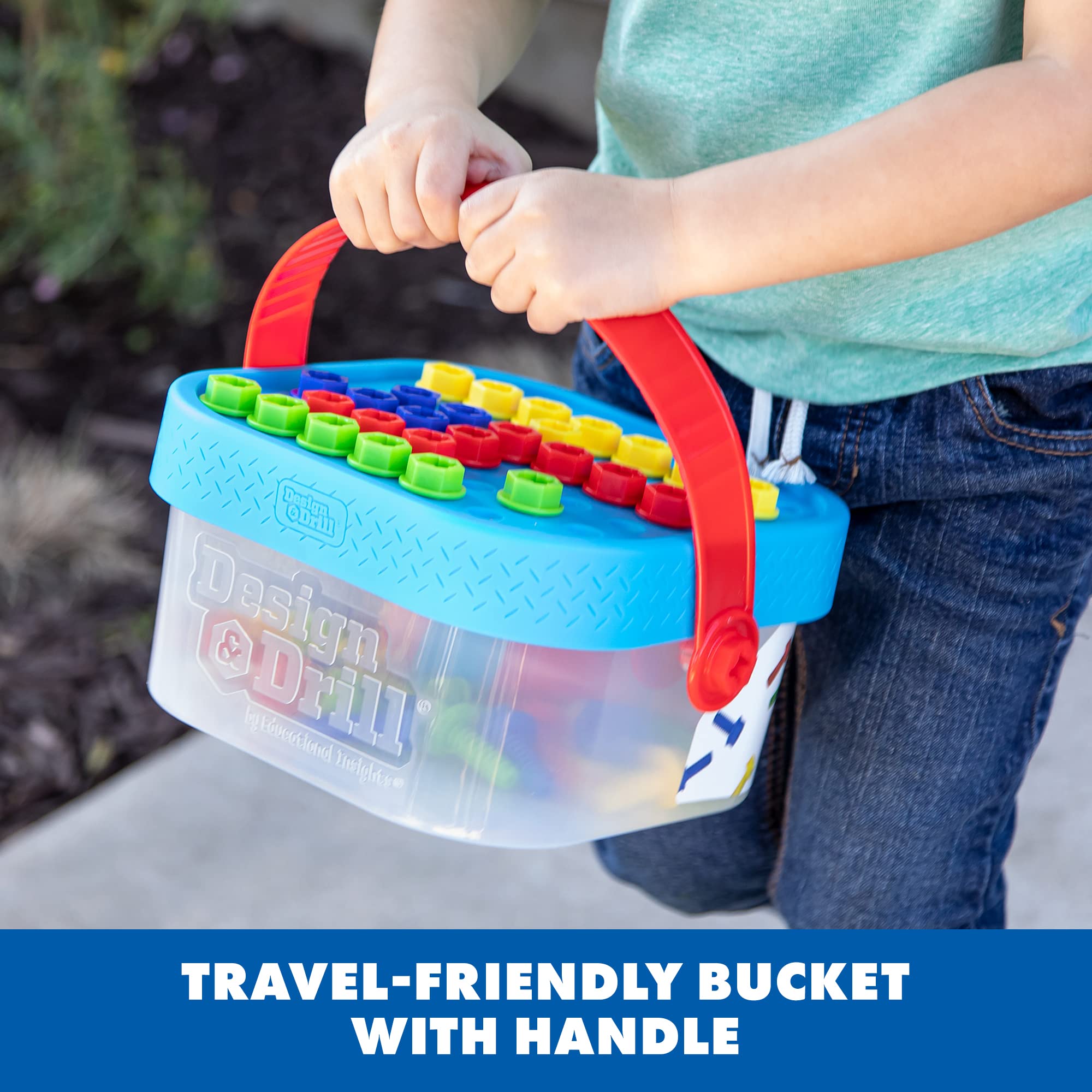 Educational Insights Design & Drill Bolt-It Bucket with Electric Drill Toy, 56 Pieces, STEM Toy, Gifts for Boys & Girls, Ages 3+